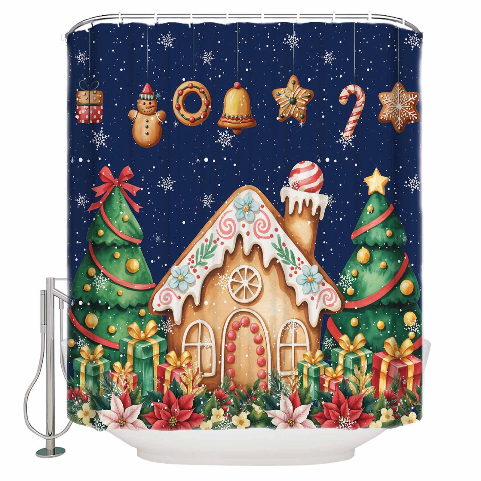 Christmas Tree Bathroom Shower Curtains with Hooks, Gingerbread House ...