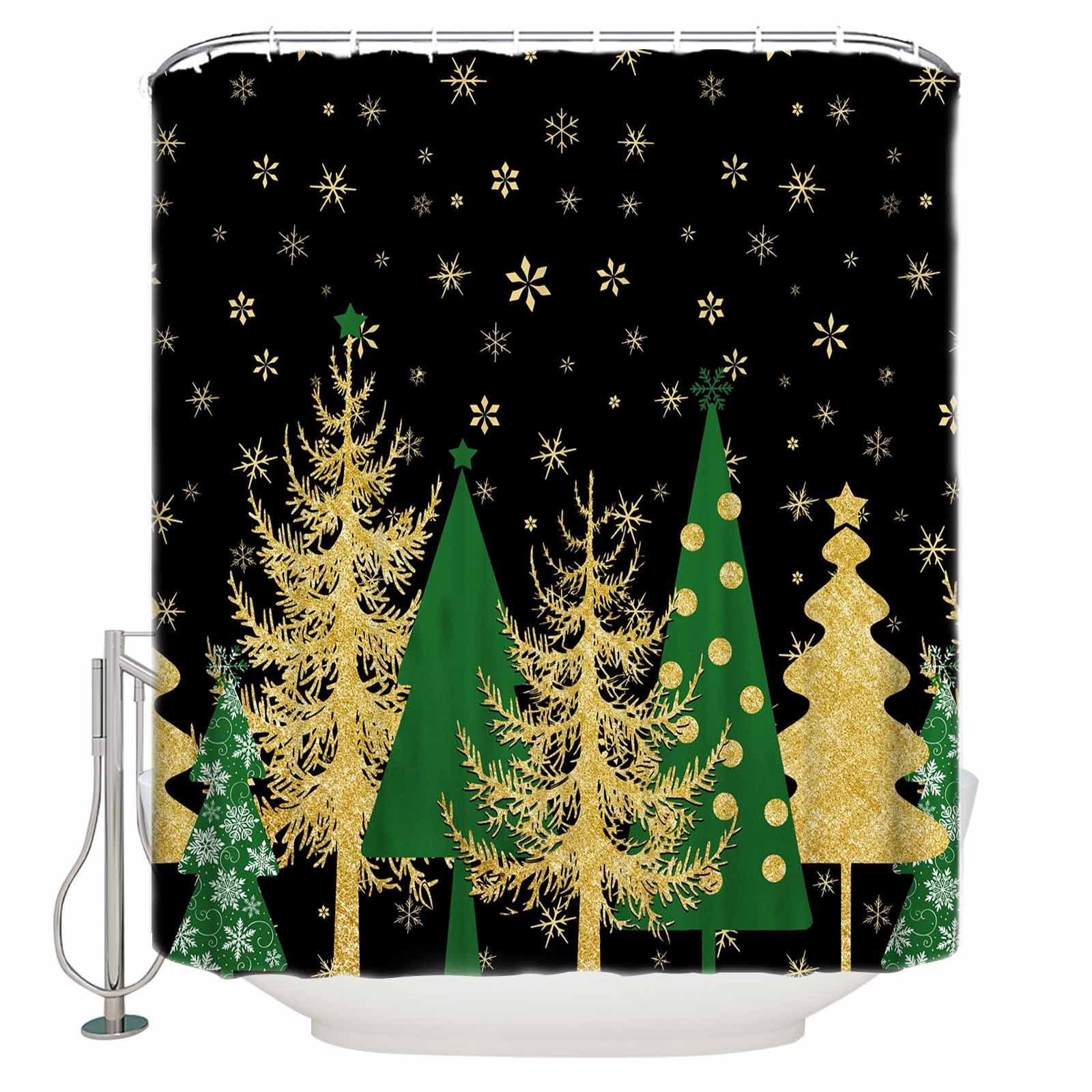 Christmas Tree Bathroom Shower Curtains with Hooks, Winter Snowflake ...