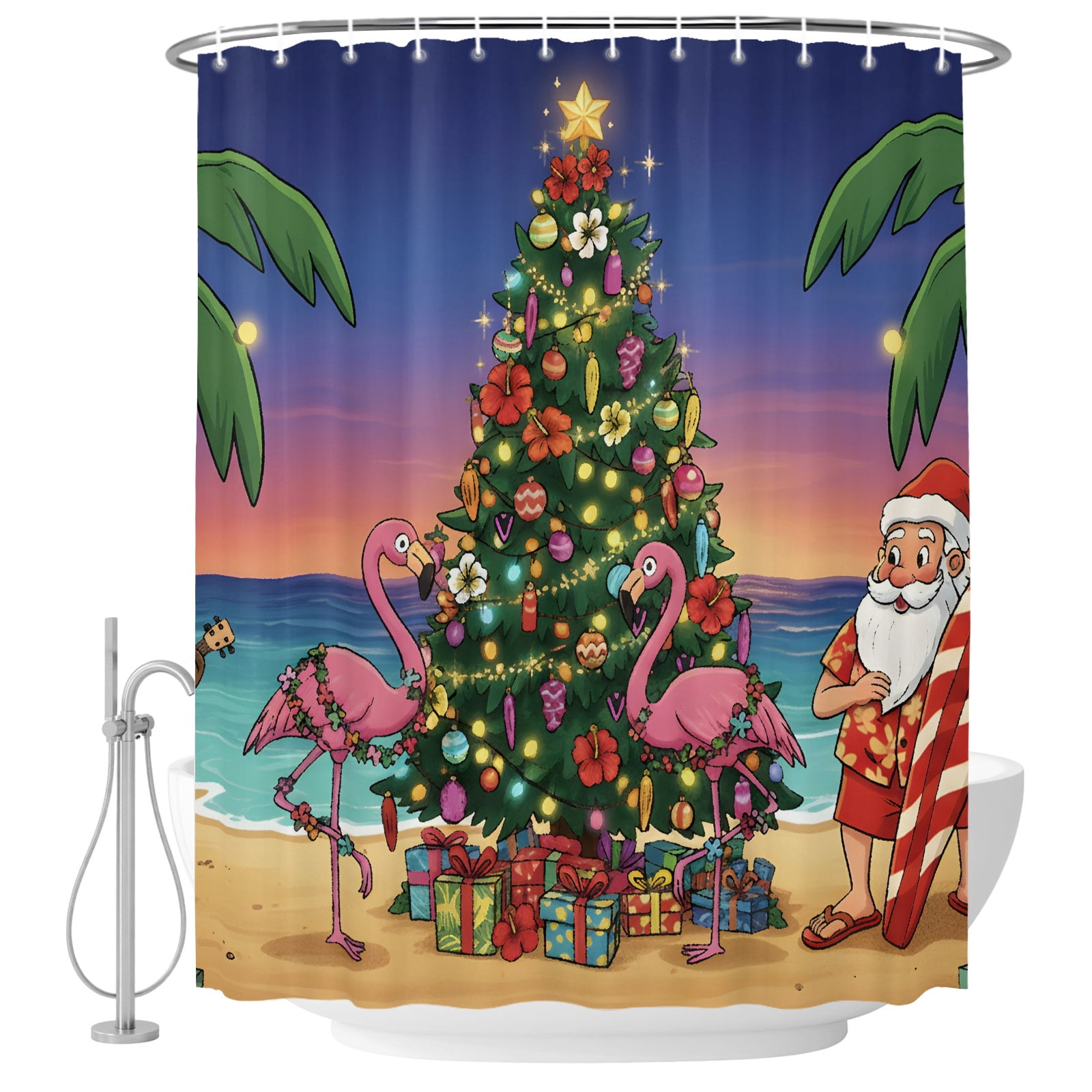 Christmas Tree Beach Shower Curtain for Bathroom, Cartoon Santa Claus ...