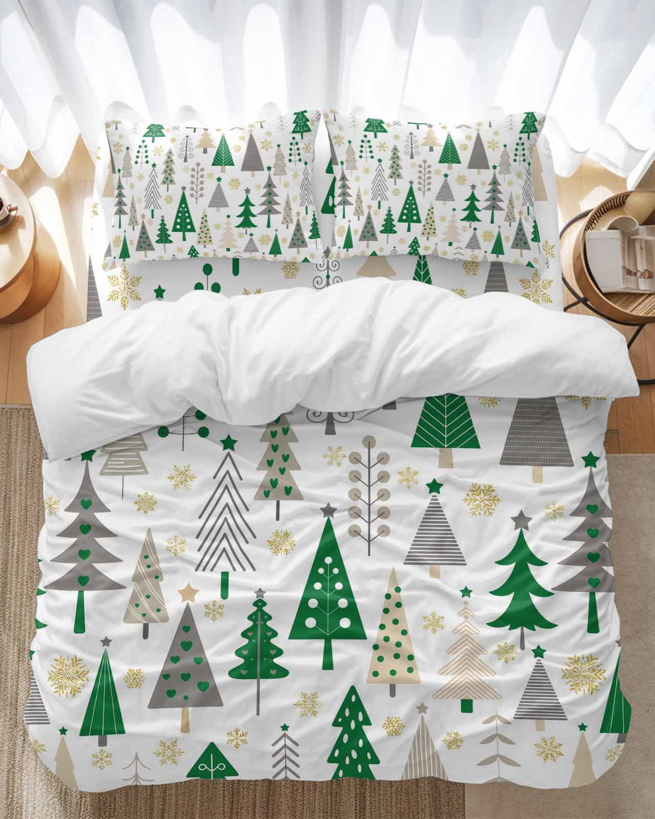 Christmas Tree Bedding Duvet Cover Set Queen Size 4 Pieces Snowflake ...