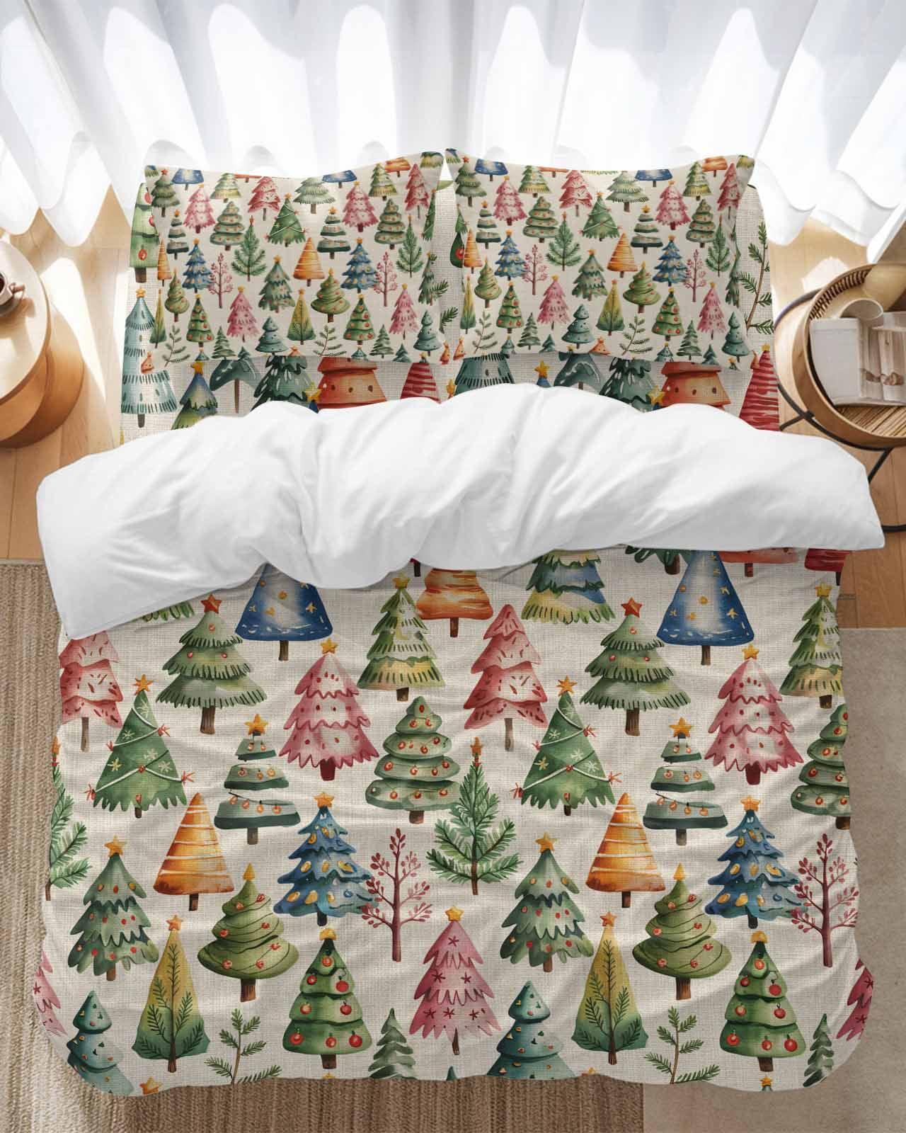 Christmas Tree Bedding Duvet Cover Set Twin Size 4 Pieces Vintage Green ...