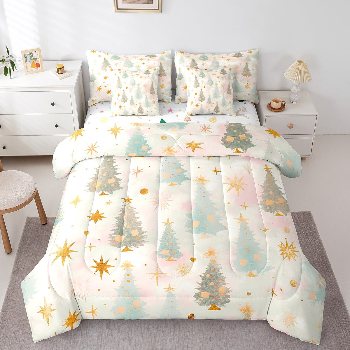Christmas Tree Bedding Set Twin,Gold Glitter Stars Snowflake 7Pcs ...