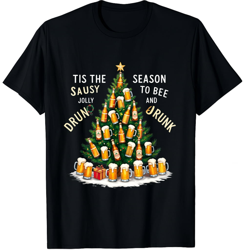 Christmas Tree Beer Black Festive Holiday Design With Bottles And Text Tis The Sausy Jolly ...
