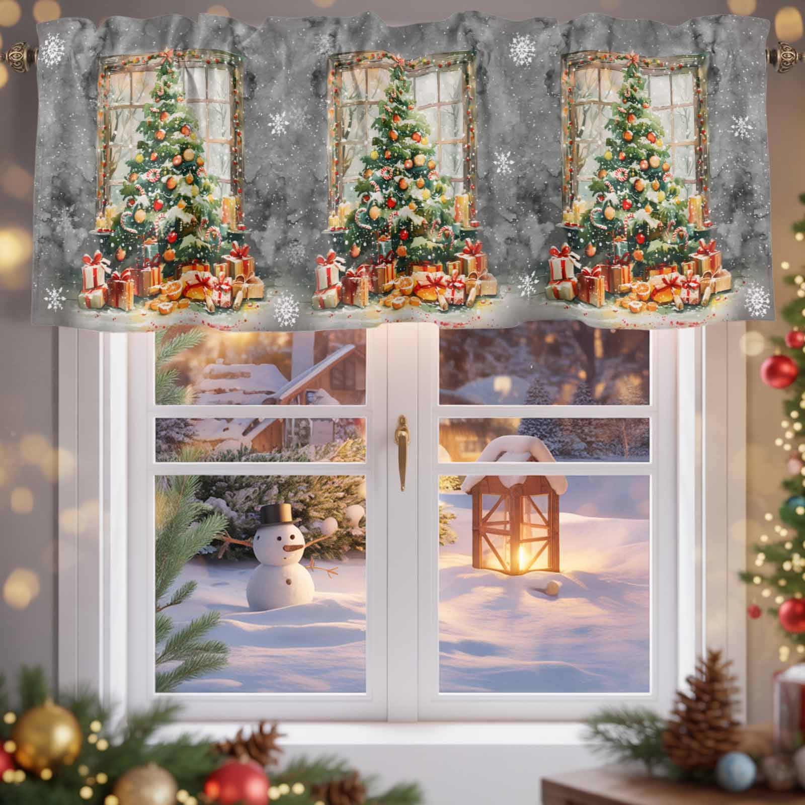 Christmas Tree Bell Gift Snowflakes Valances for Windows,Kitchen Valance Rod Pocket Short ...