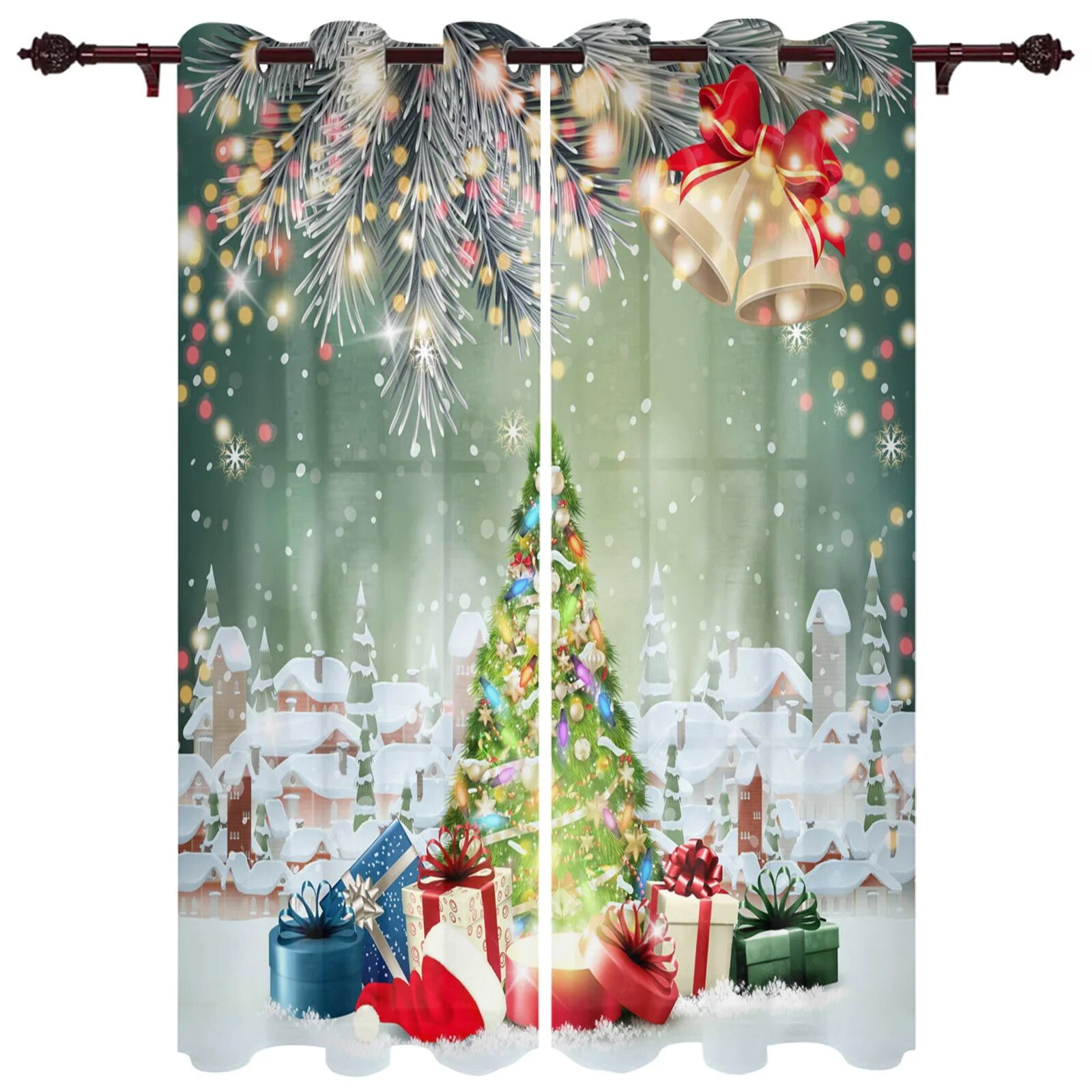 Christmas Tree Bells Village Snow Window Curtain Living Room European ...