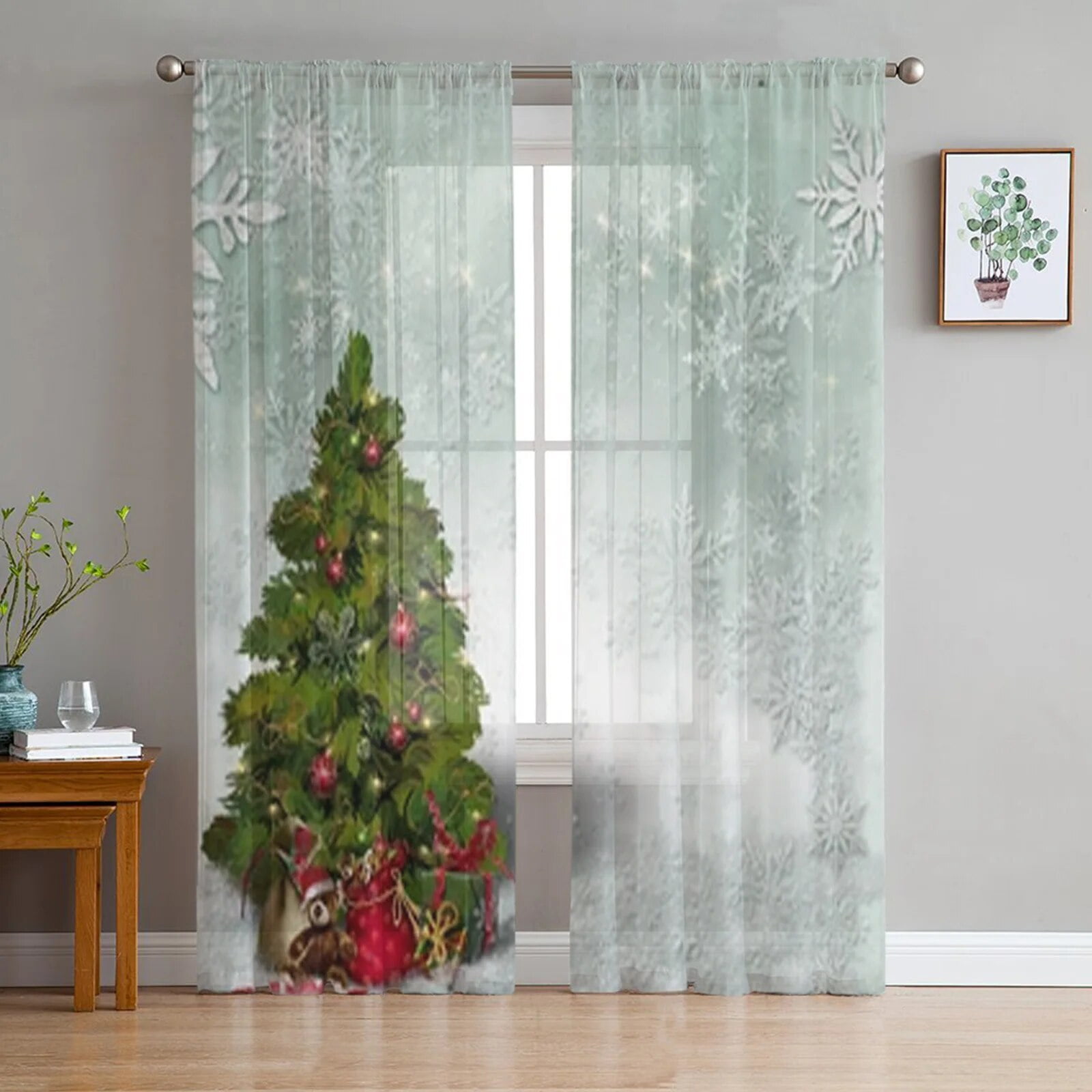 Christmas Tree Bells Village Snowing Sheer Curtains Home Decorations ...