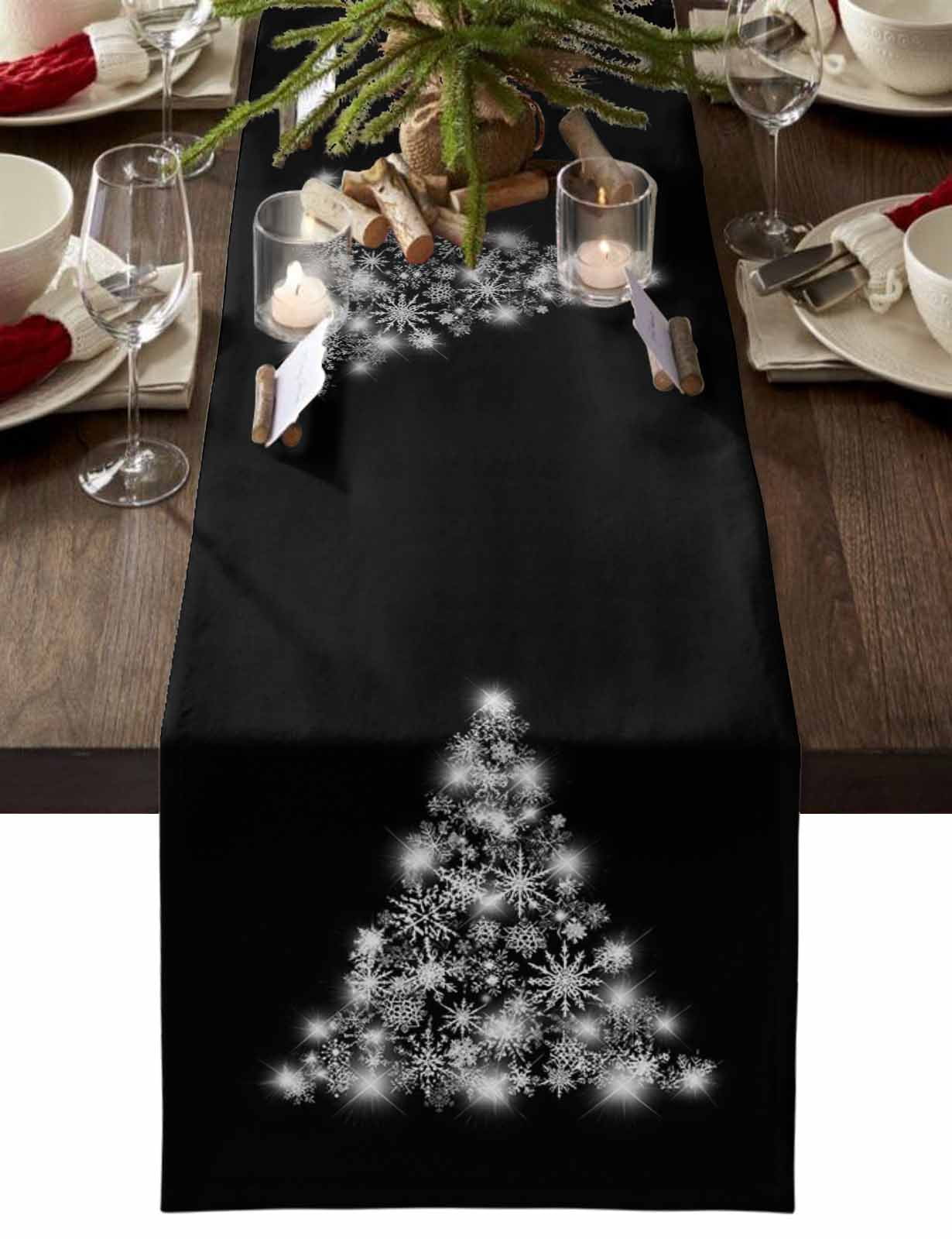 Christmas Tree Black Cotton Linen Table Runner for Dining Kitchen ...