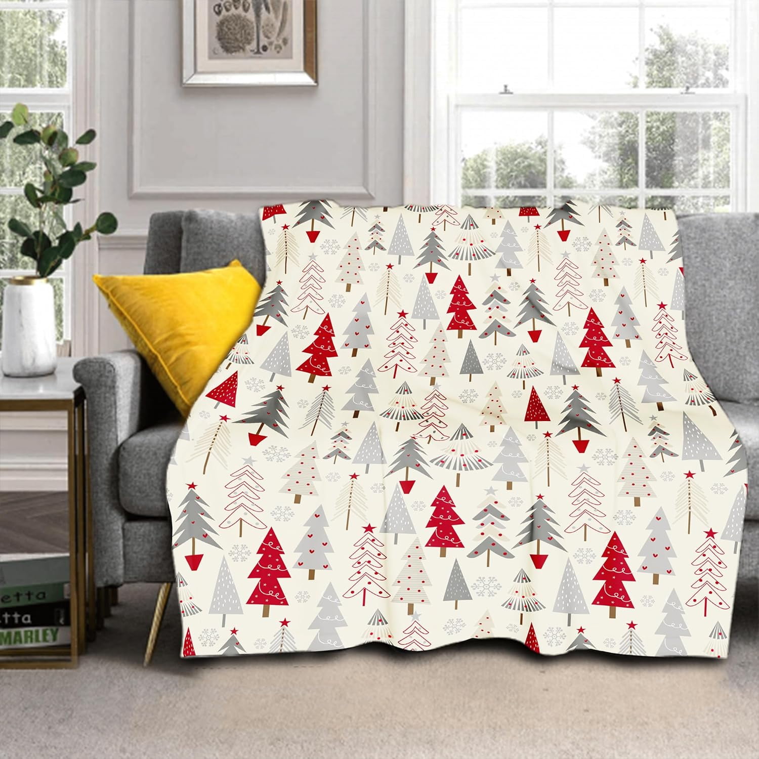 Christmas Tree Blanket 80"x60" Red Grey Gray Xmas Cream Pattern Design ...