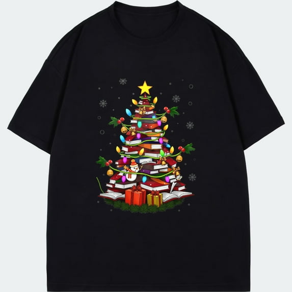 Christmas Tree Books Pattern Black T Shirt For Holiday Season Reading ...