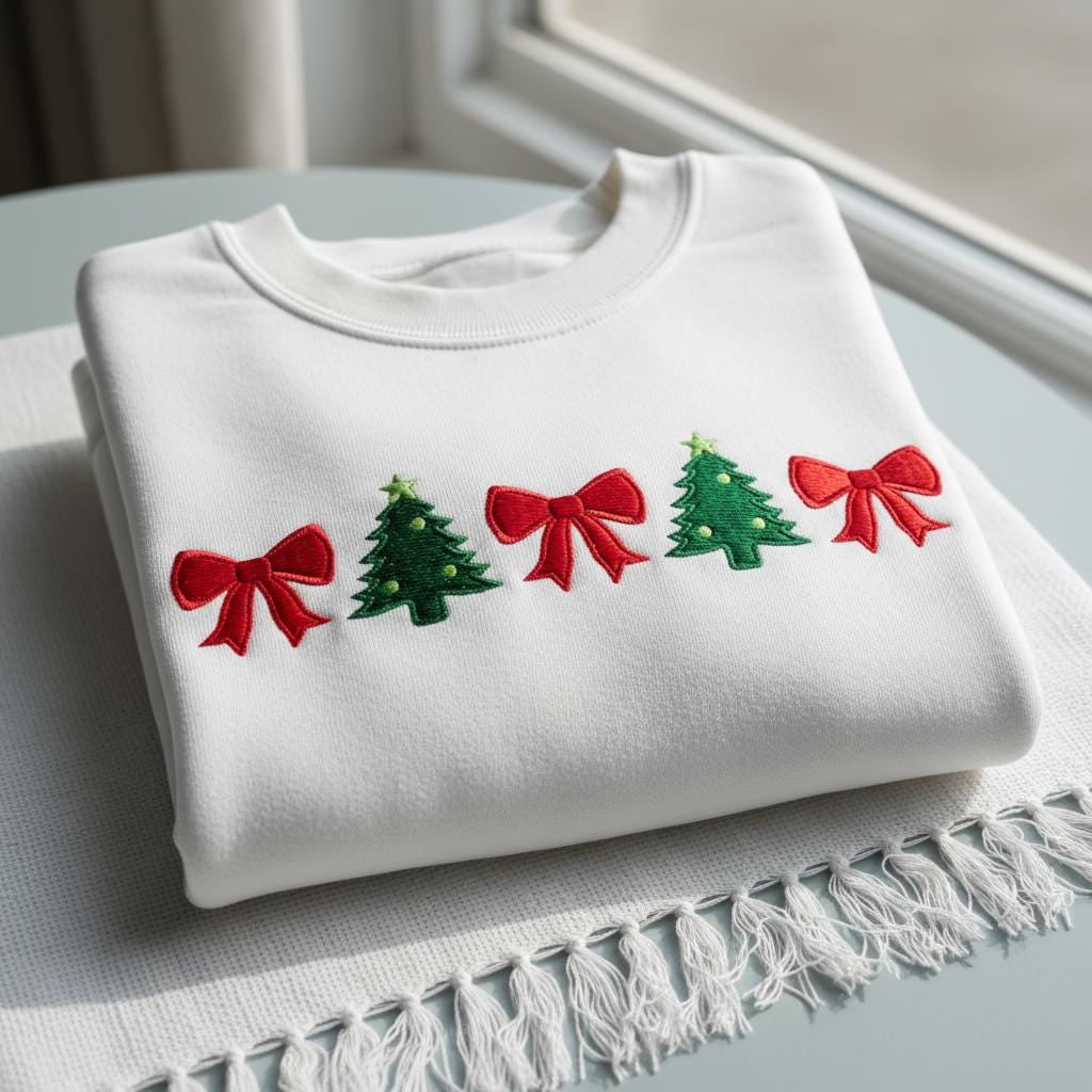 Christmas Tree Bow Embroidered Sweatshirt, Minimalist Holiday Crewneck ...