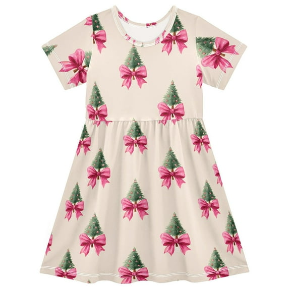 Christmas Tree Bow Short Sleeve Dress A-Line Cute Midi Casual Sundress ...