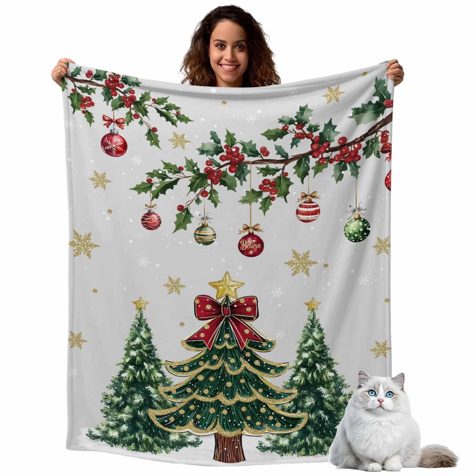 Christmas Tree Bow Star Ball Throw Blanket Flannel Fleece Throws ...