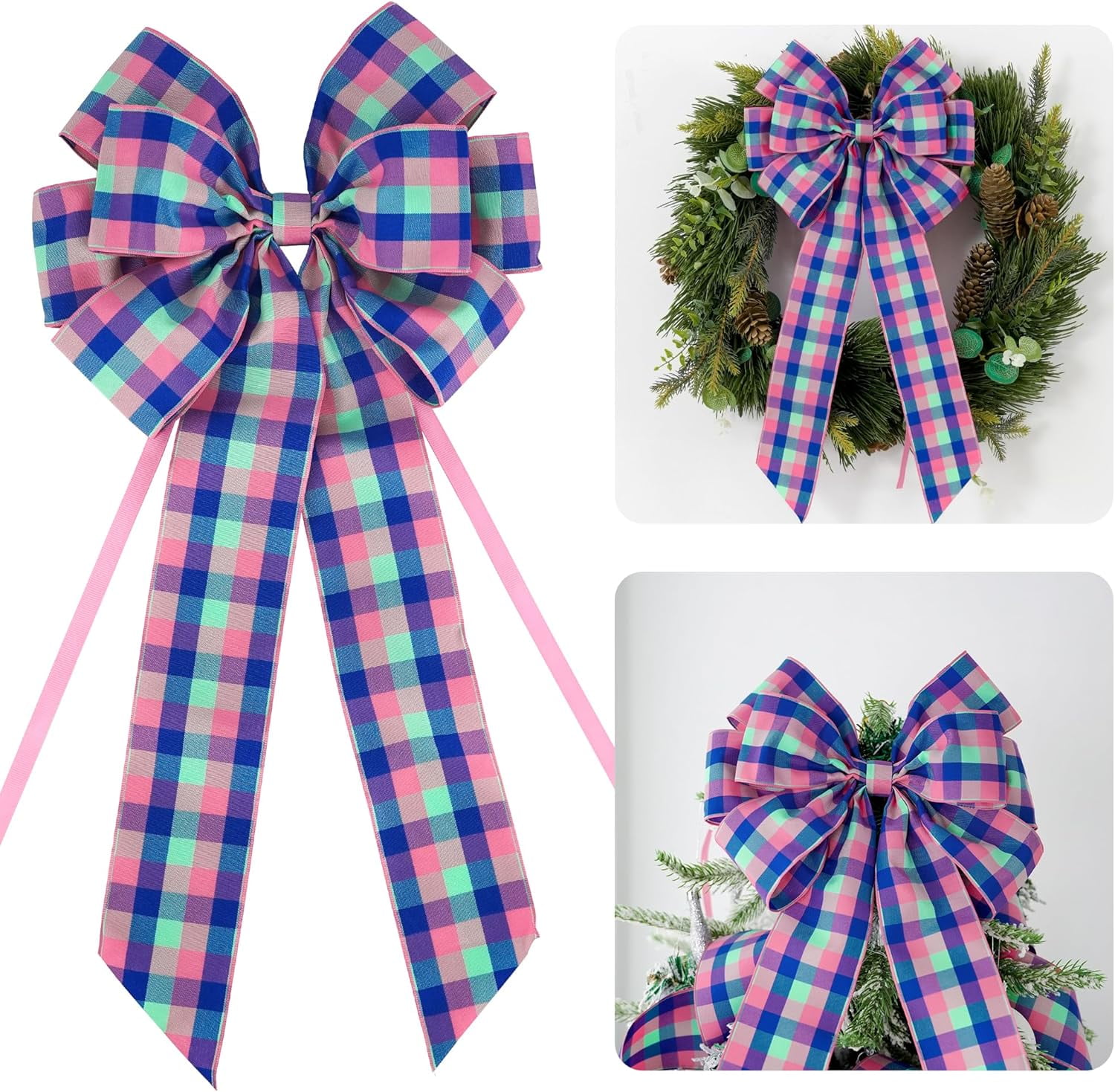 Christmas Tree Bows 10×20'' Pink and Purple Plaid Bows for Gift ...