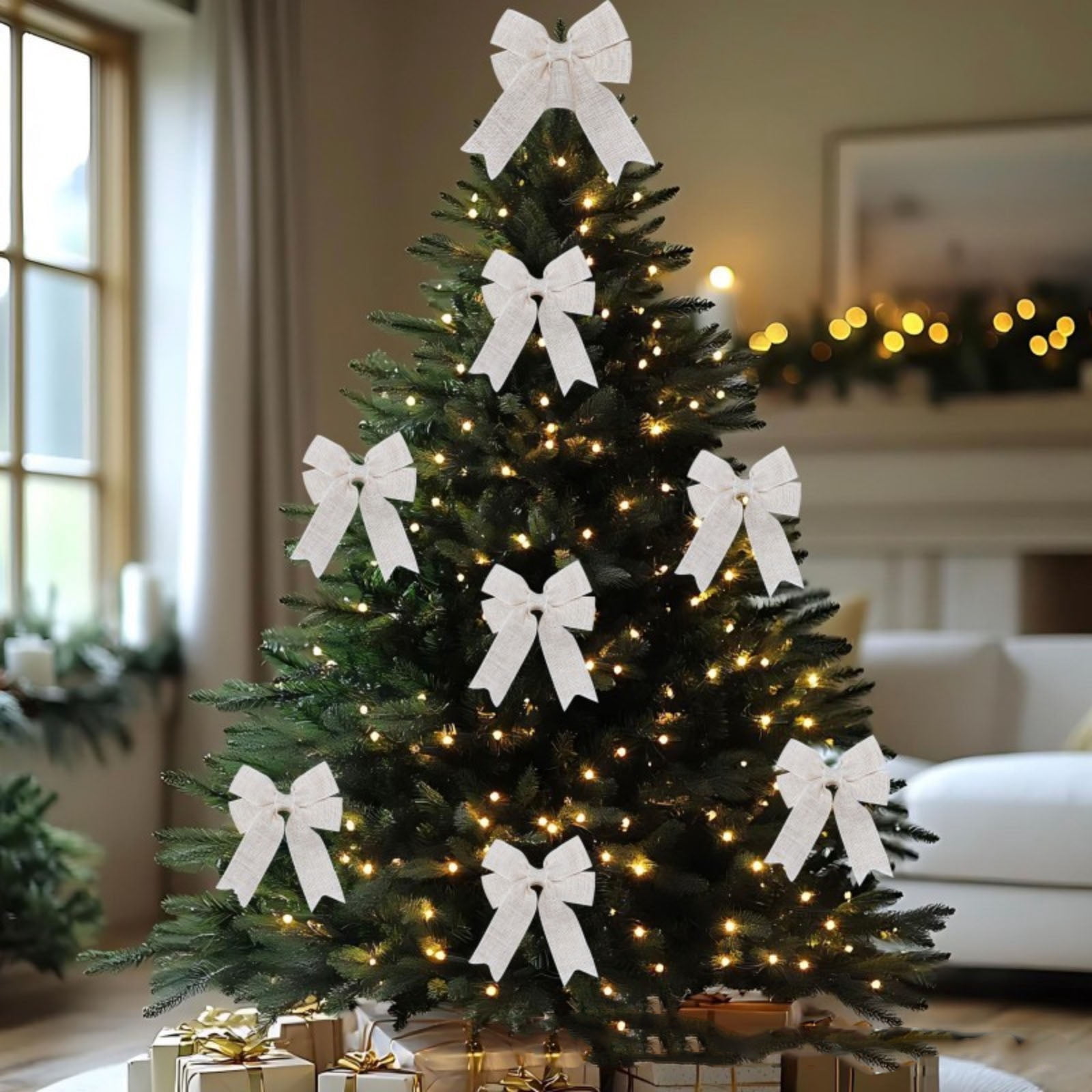 Christmas Tree Bows Decorations, Vintage Beige Linen Ribbon Christmas ...