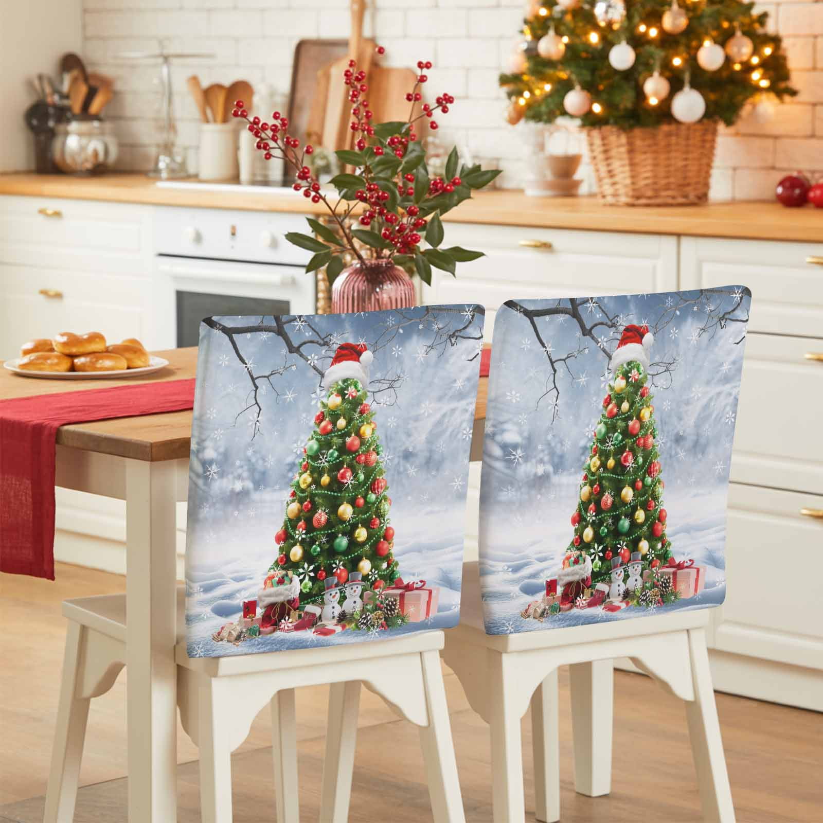 Christmas Tree Chair Back Covers Set of 4, Red Hat Winter Snowflake ...