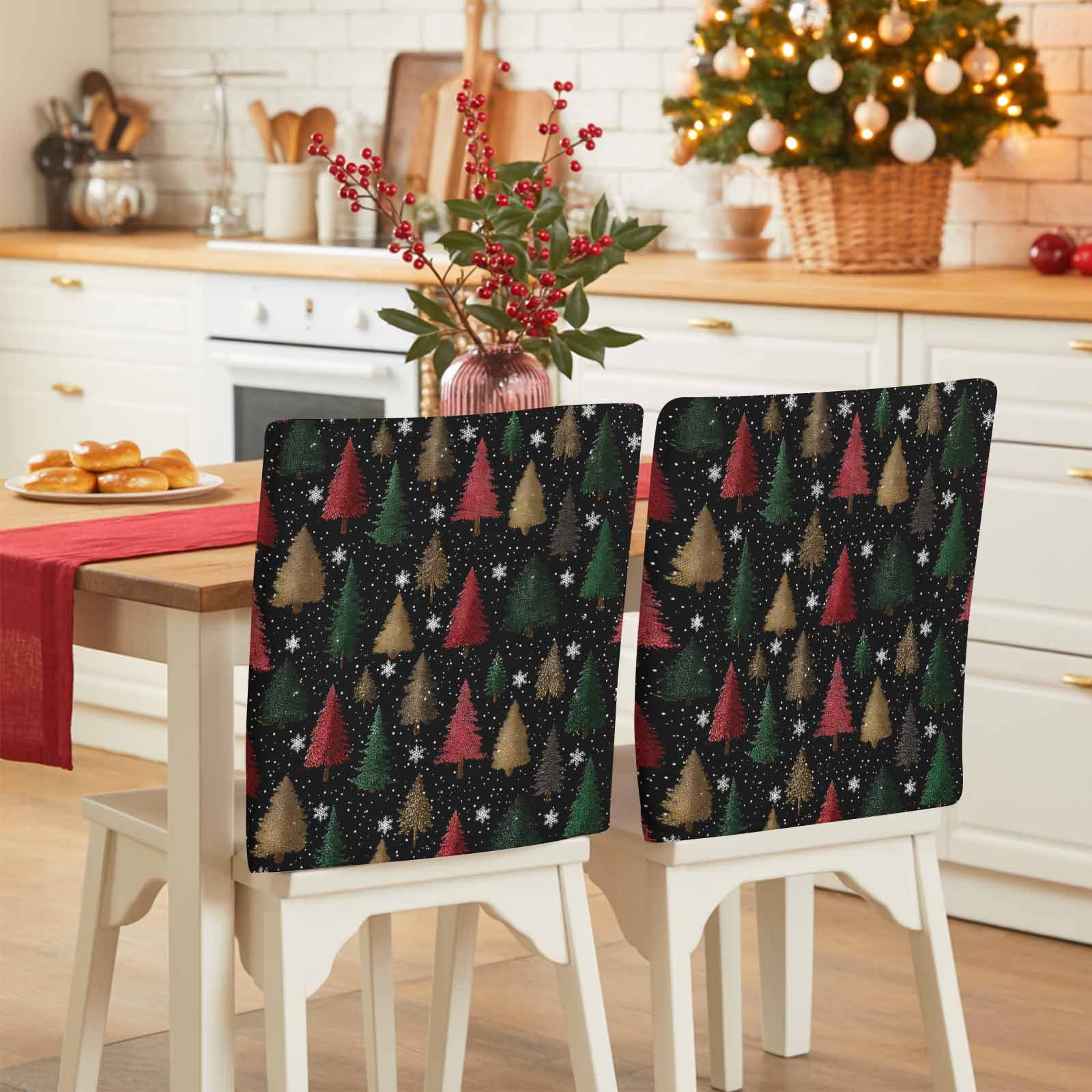 Christmas Tree Chair Covers Set of 4 Red Green Gold Pine Trees Winter ...