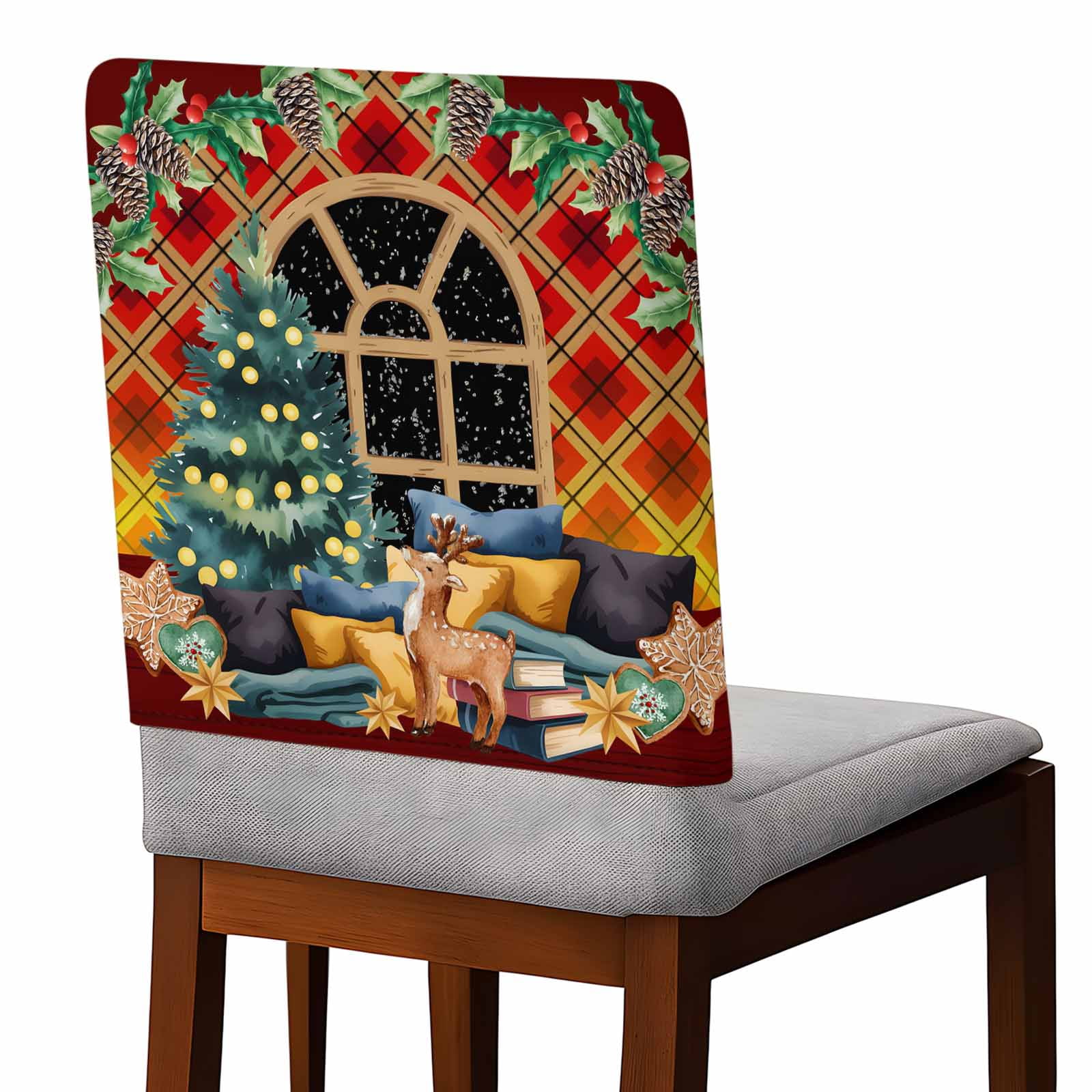Christmas Tree Chair Covers Set of 4 Reindeer Gingerbread Star Pinecone ...
