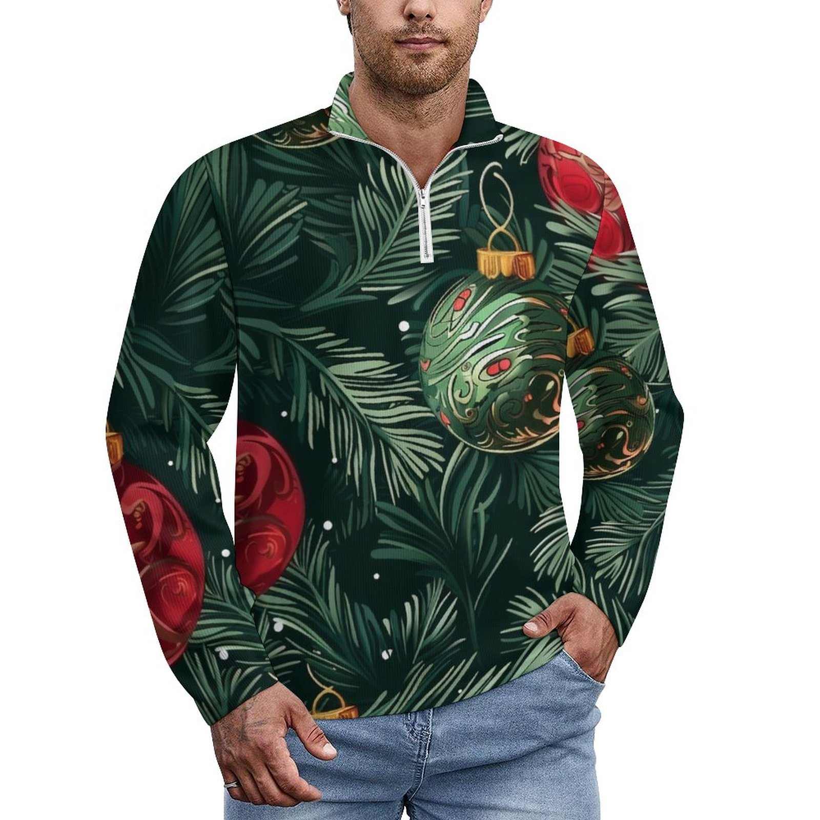 Christmas Tree Christmas Balls Men's Sweater Sports POLO Shirt Zip ...
