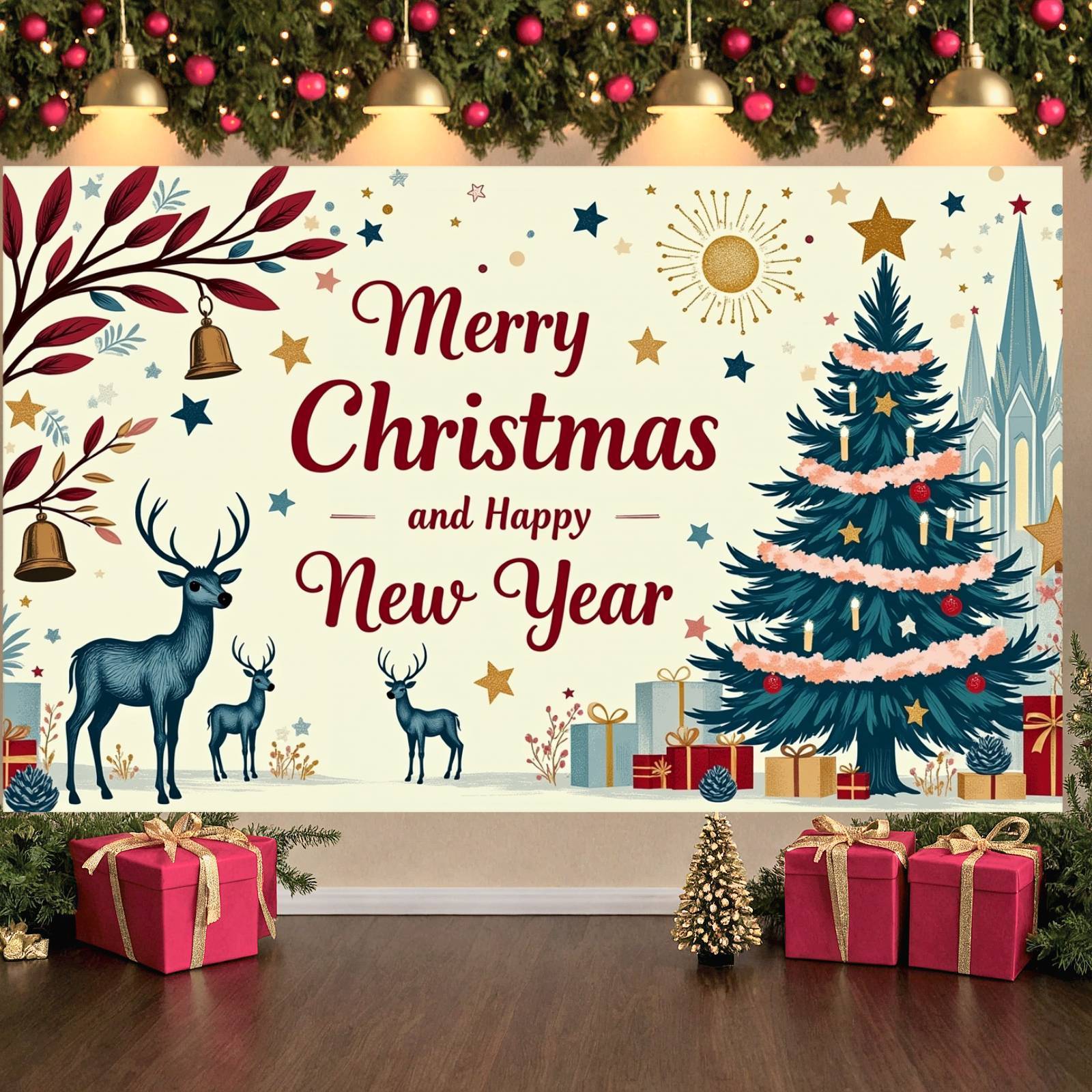 Christmas Tree Christmas Banner Reindeer Merry Christmas Display ...