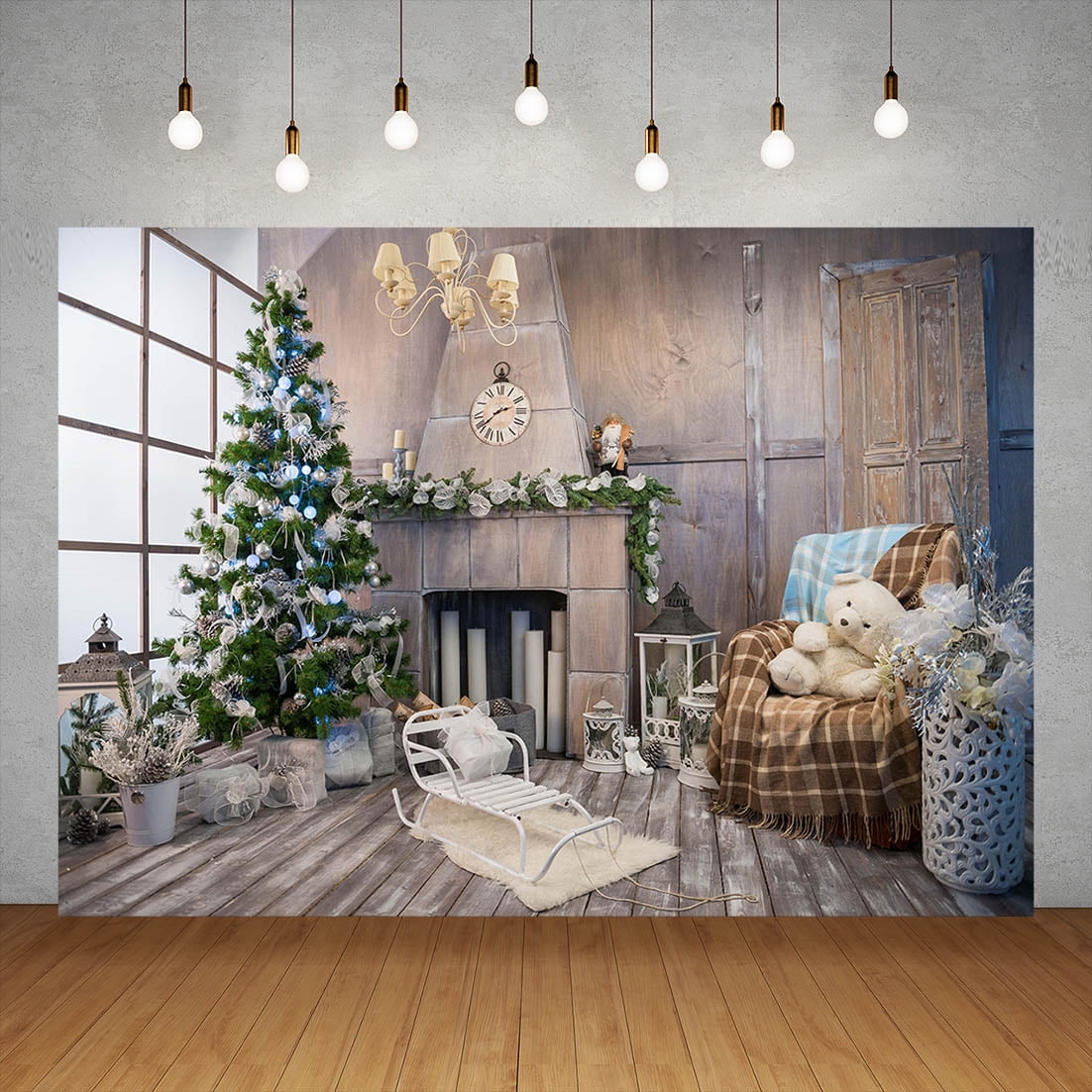 Christmas Tree Clock Fireplace Gift Chair Photography Background For ...