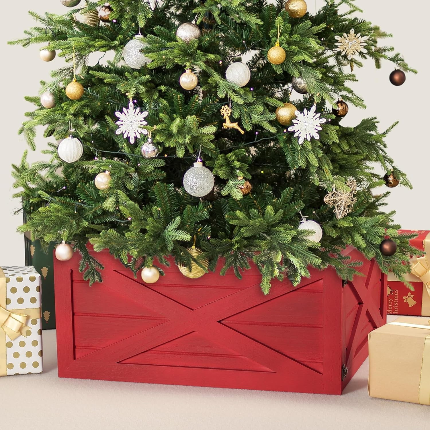 Perfnique Christmas Tree Collar, 22'' Durable Wood Tree Base Christmas ...