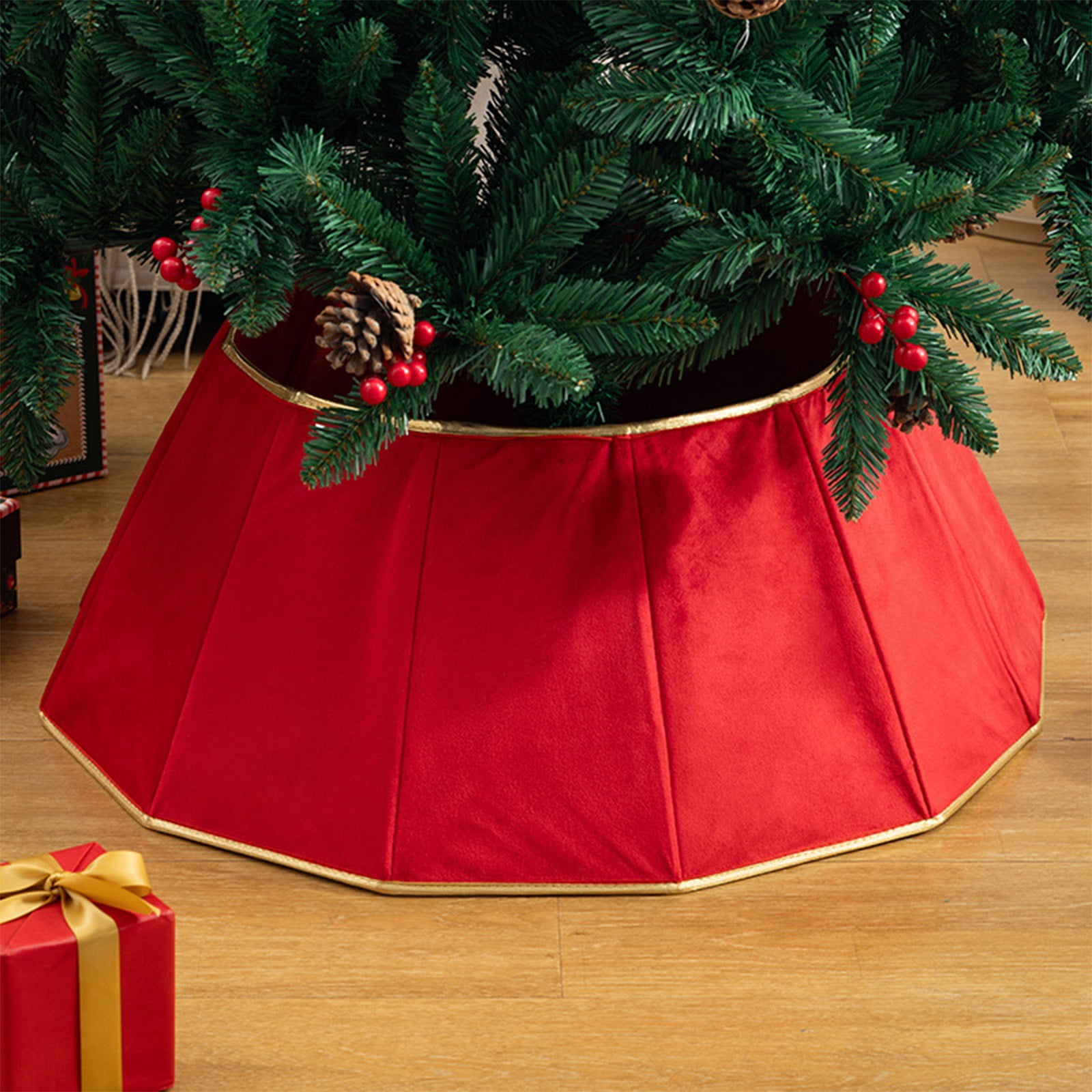Christmas Tree Collar, Red Velvet Foldable Christmas Tree Skirt, Red ...