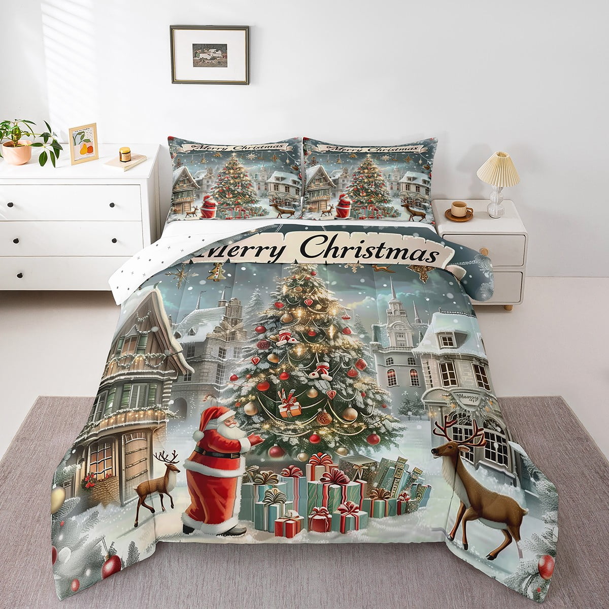 Christmas Tree Comforter Set 3 Pcs Happy New Year Bedding Queen Size ...