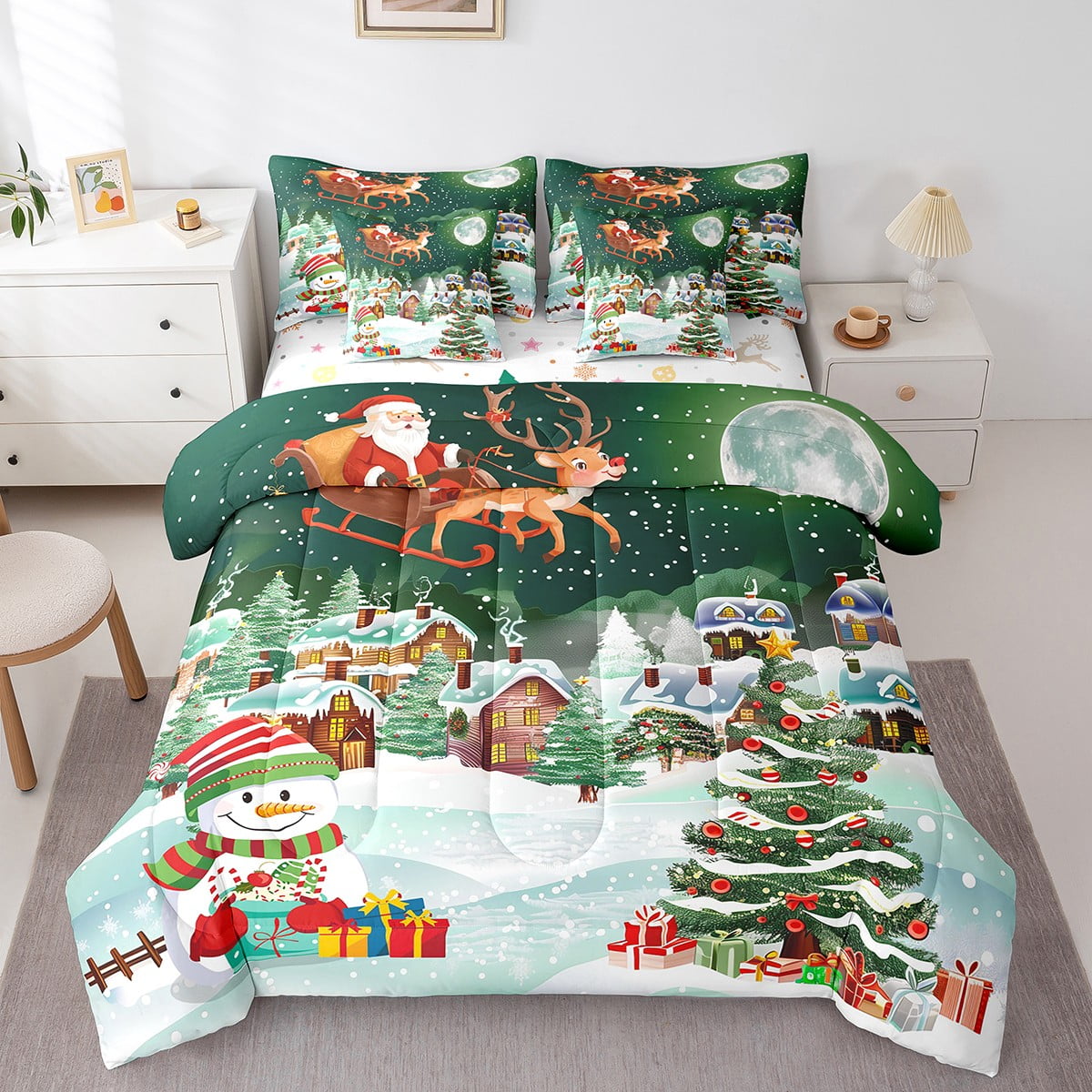 Christmas Tree Comforter Set 7 Piece Bed in a Bag Twin Cute Santa Claus ...