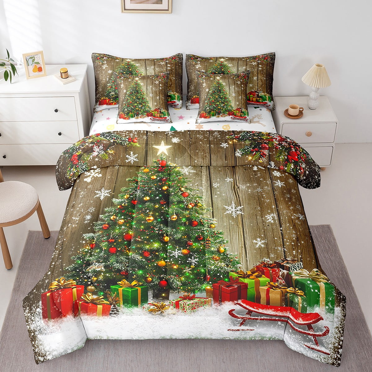 Christmas Tree Comforter Set 7 Piece Bed in a Bag Twin Xmas Lights ...