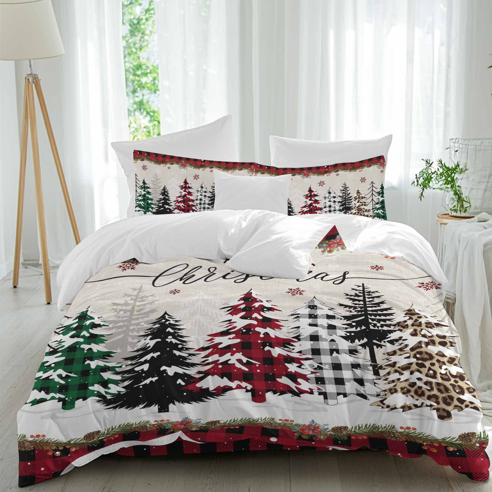 Christmas Tree Comforter Set Full Size, Xmas Snowflake Buffalo Plaid ...