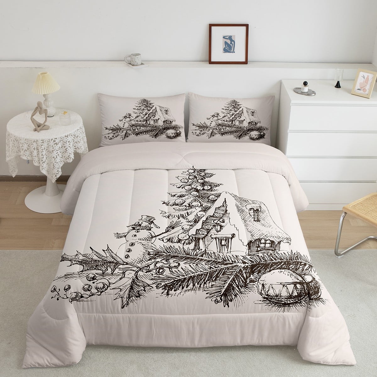 Christmas Tree Comforter Set King, Hand Drawn Snowman Bedding Adults ...