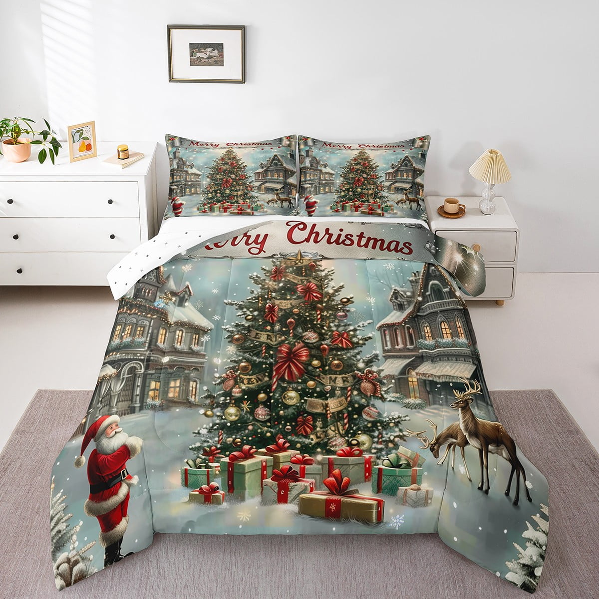 Christmas Tree Comforter Set Queen Santa Claus Bedding Happy New Year ...