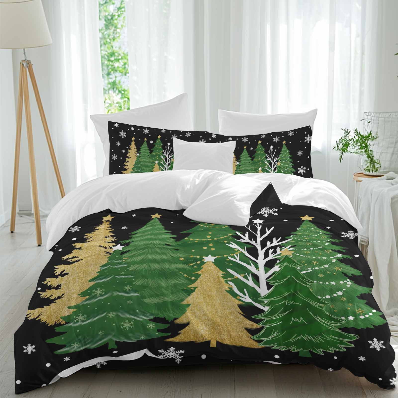 Christmas Tree Comforter Set Queen Size, Winter Snowflakes Green Gold ...