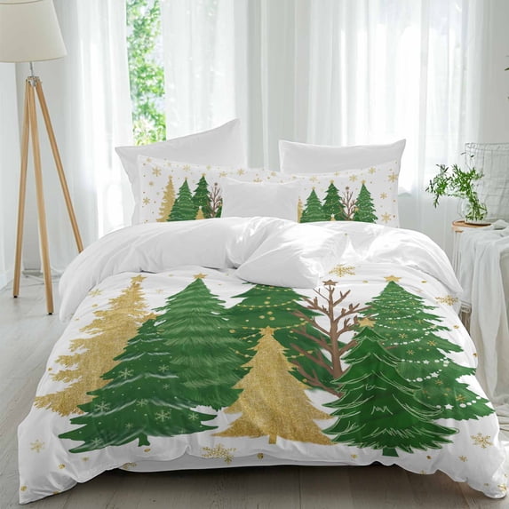 Christmas Tree Comforter Set Twin Size, Winter Snowflakes Green Gold ...