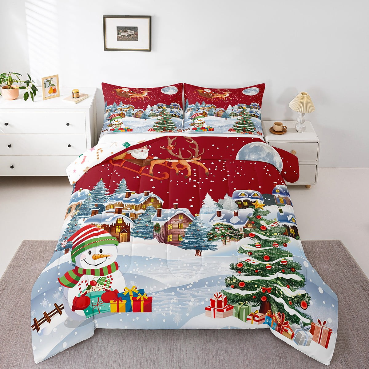 Christmas Tree Comforter Set Cute Santa Claus Queen Bedding Sets ...