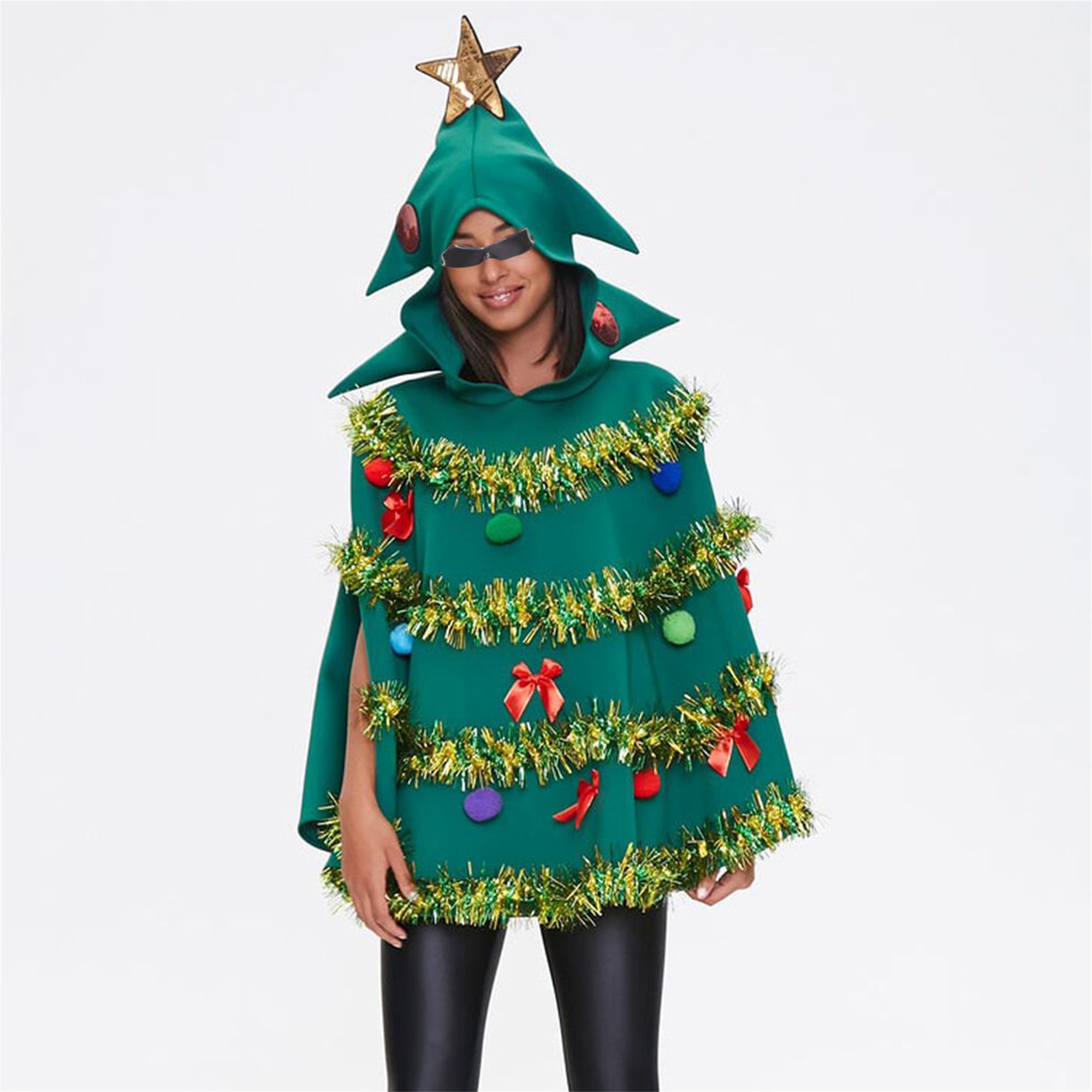 Christmas Tree Costume Cape for Women Poncho Green Bow Ball Hooded Xmas ...
