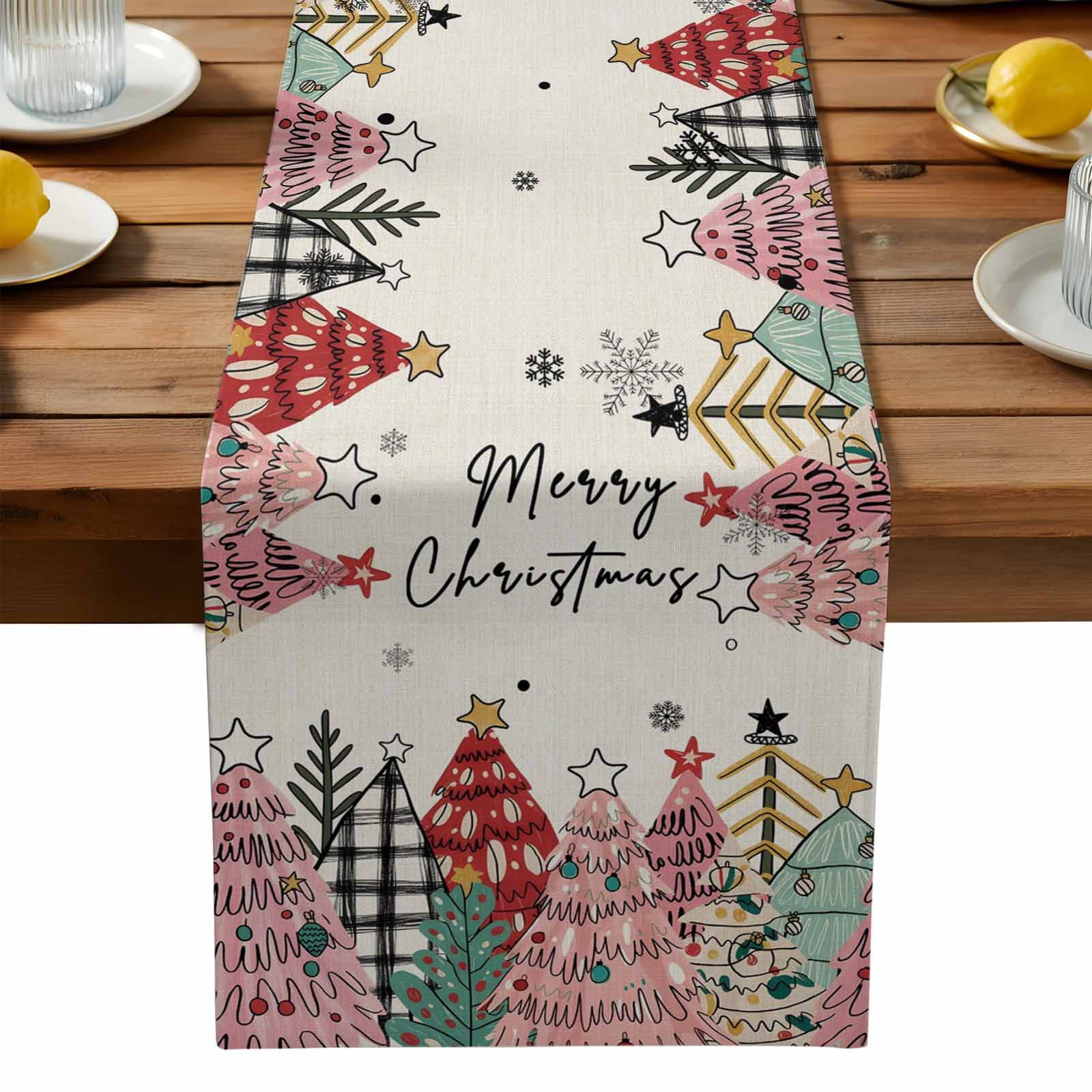 Christmas Tree Cotton Linen Table Runner for Dining Kitchen, Pink Xmas ...