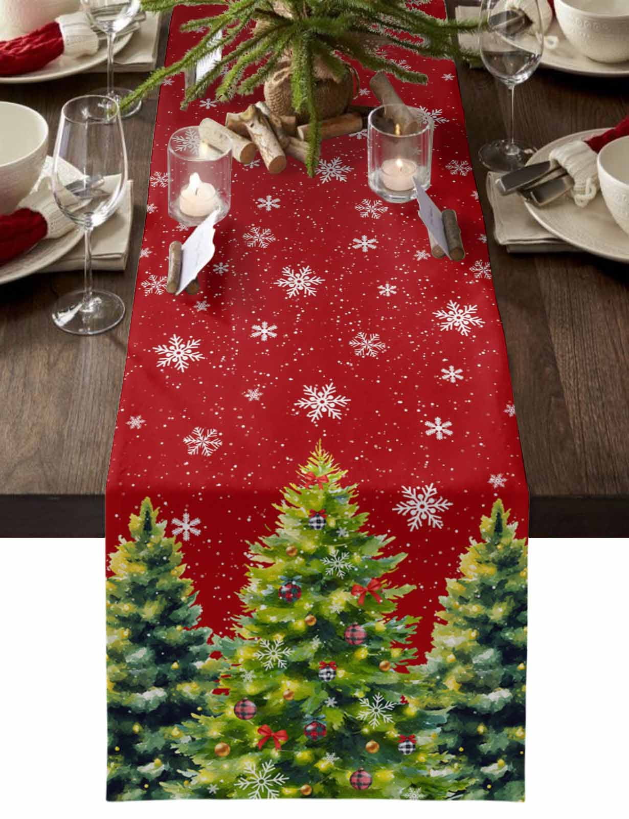 Christmas Tree Cotton Linen Table Runner for Dining Kitchen, Red Green ...