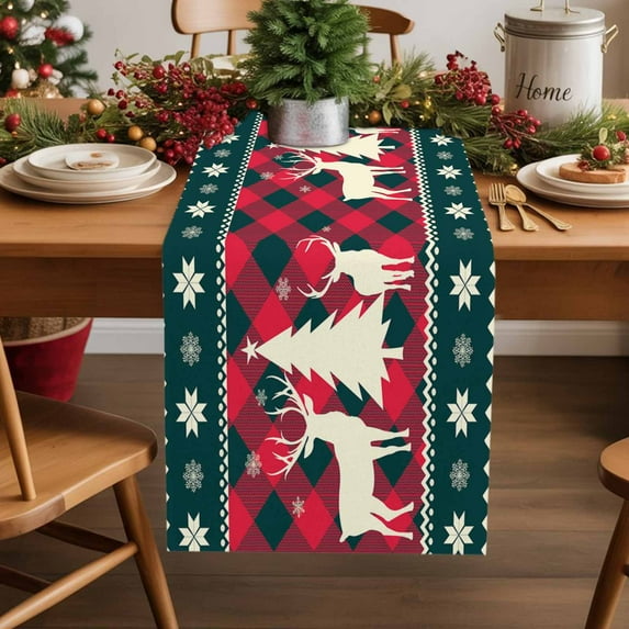 Christmas Tree Cotton Linen Table Runner Elk Reindeer Red Checkered ...
