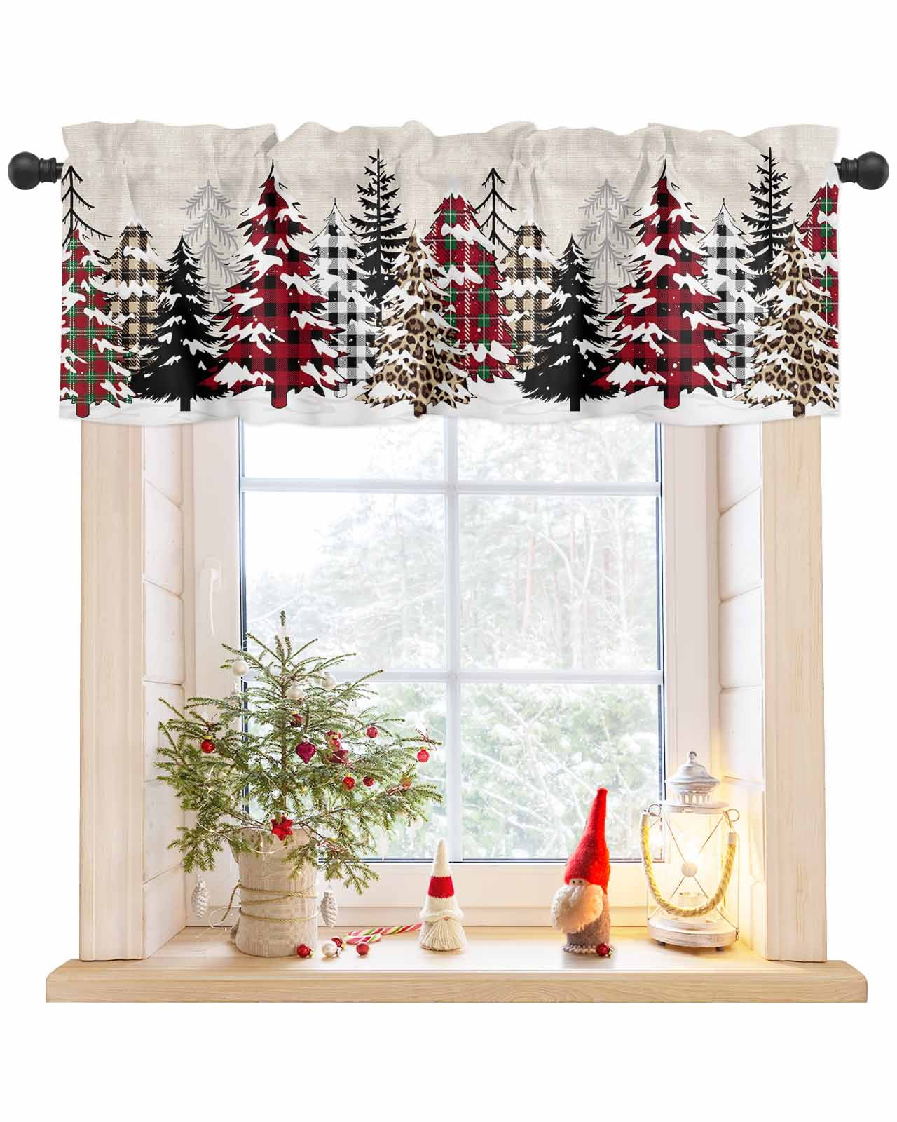 Christmas Tree Curtain Valance for Windows Winter Red Black Check Pine ...