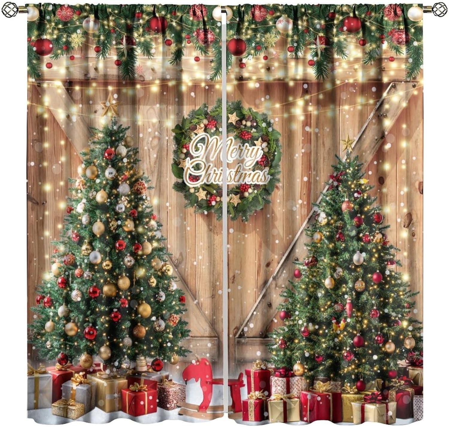Christmas Tree Curtains, Fantastic Glitter Dreamy Red Gold Xmas Baubles ...