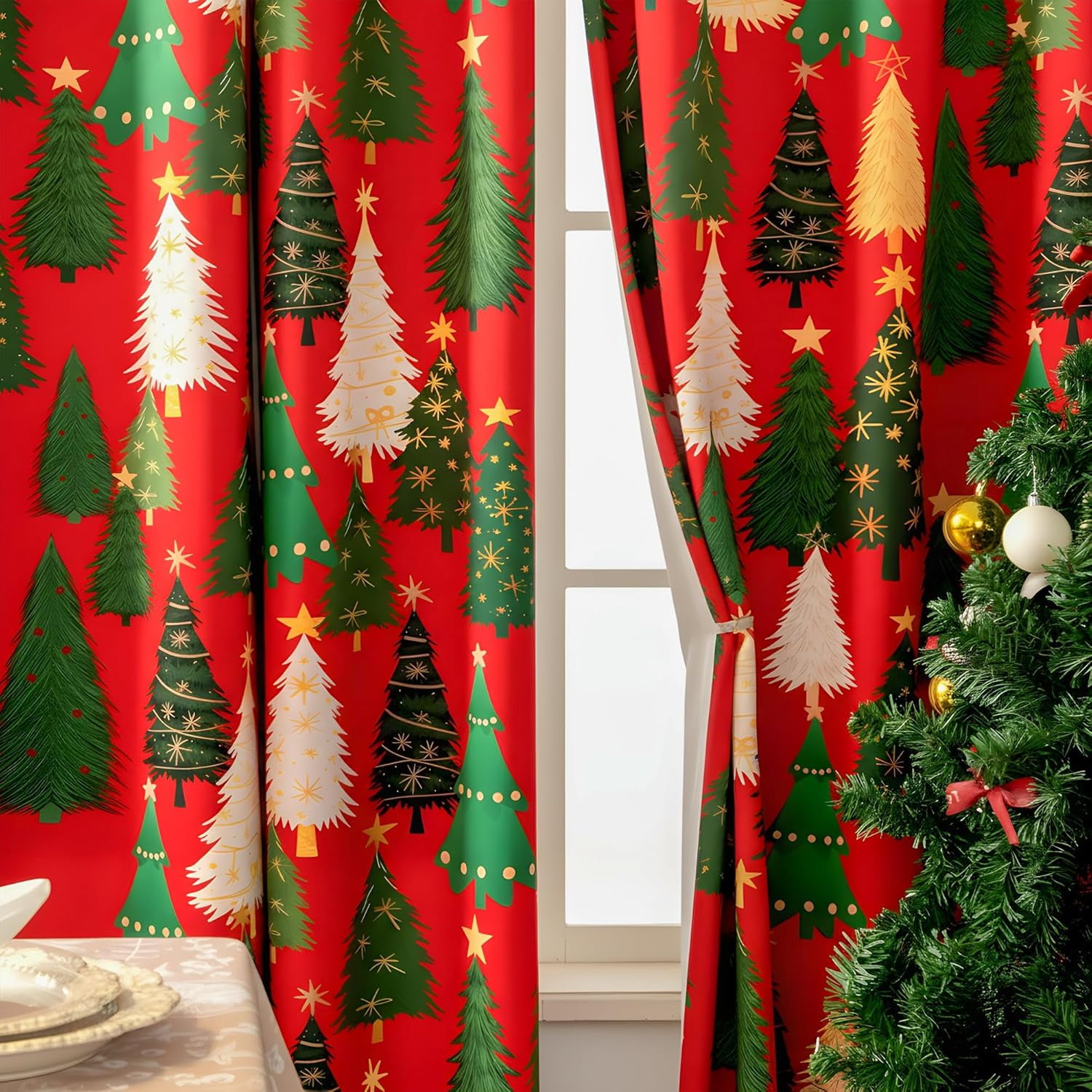 Christmas Tree Curtains Light-Filtering, Thermal Insulated Festive ...