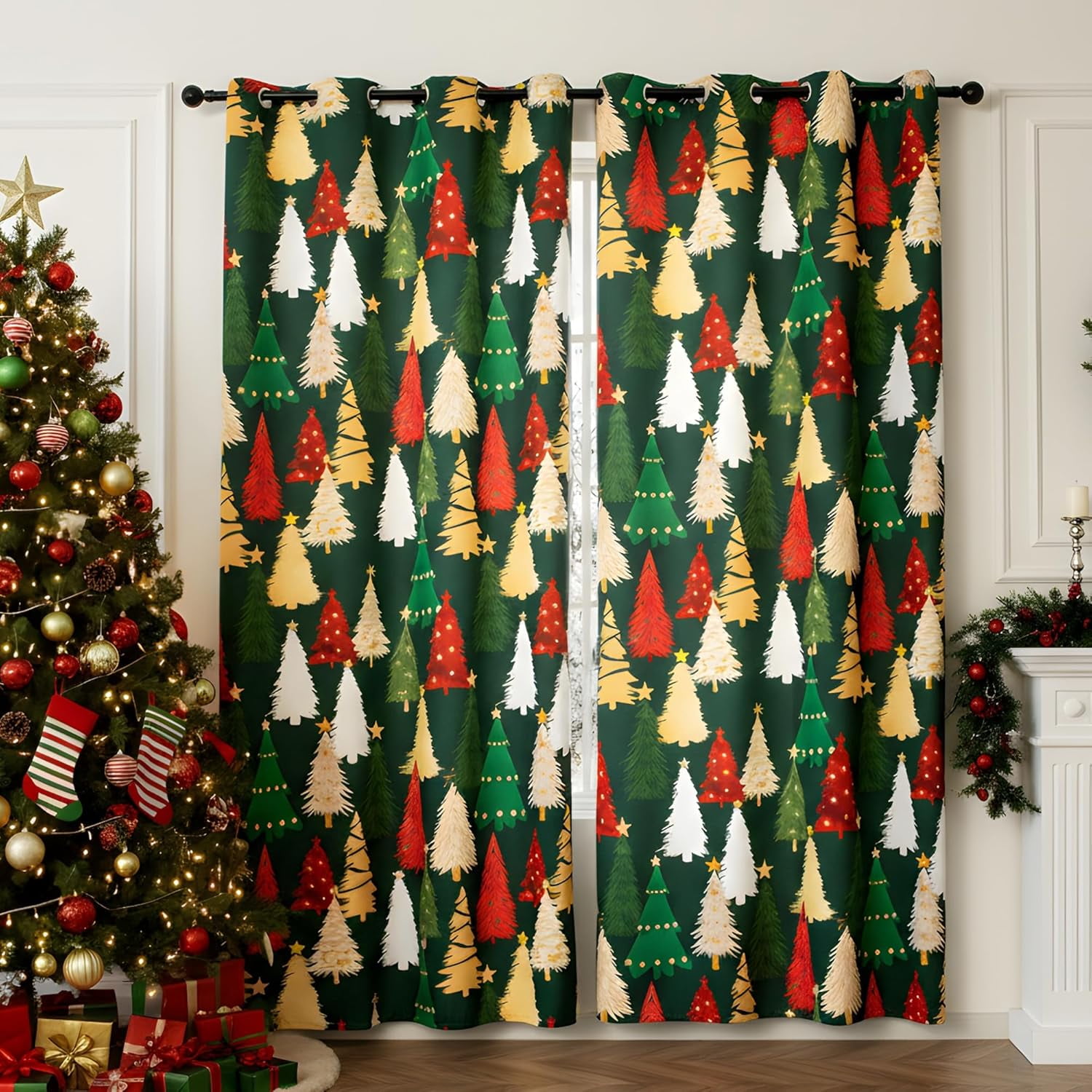 Christmas Tree Curtains Light-Filtering, Thermal Insulated Festive ...
