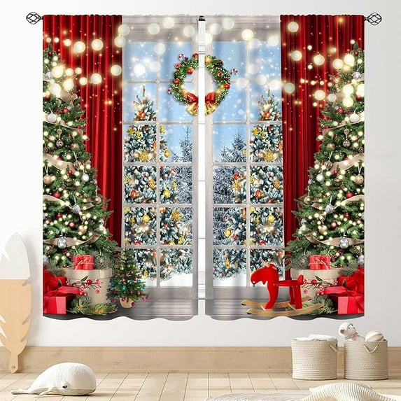 Christmas Tree Curtains, Xmas New Year Winter Snow Forest Merry ...