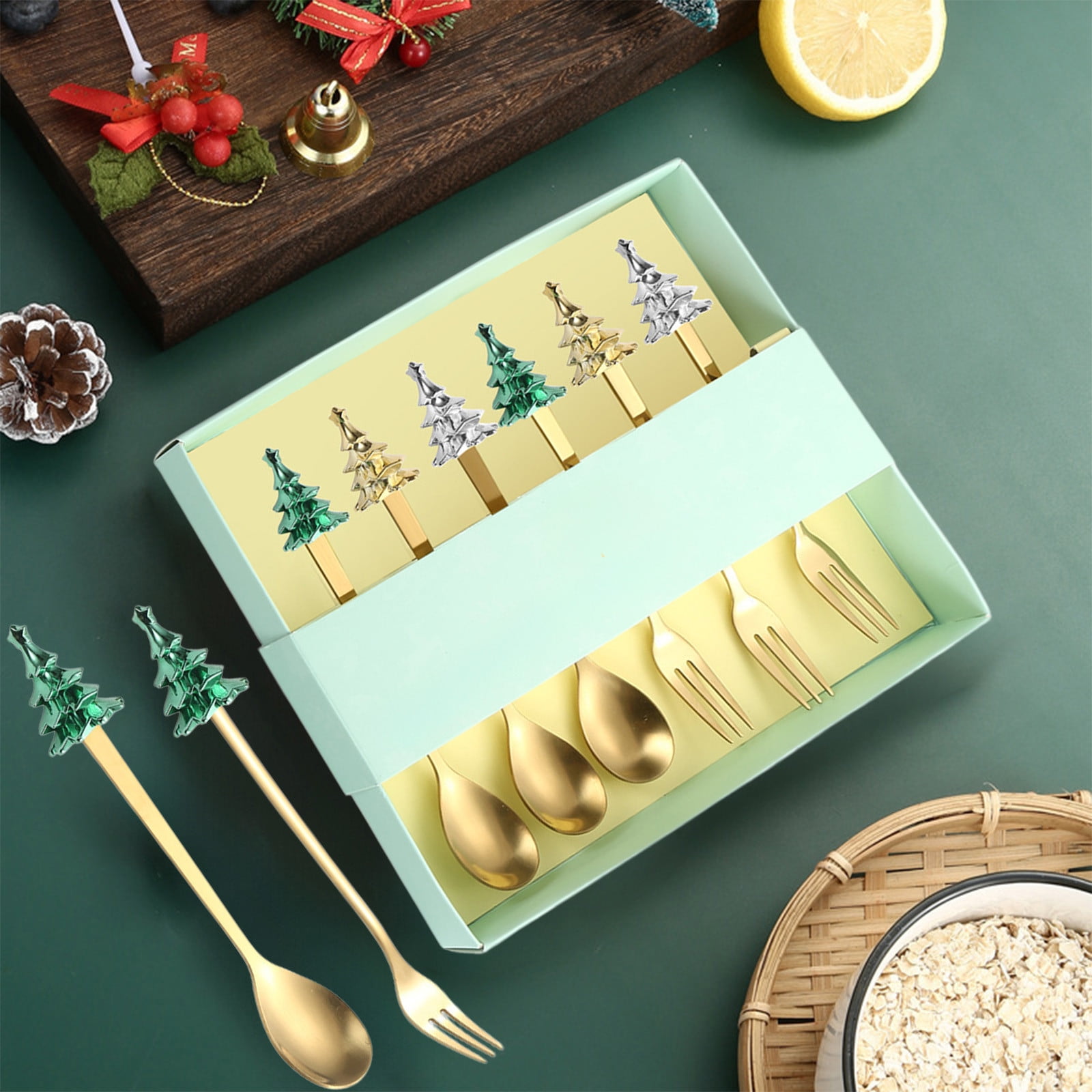 Christmas Tree Cutlery Set, Stainless Steel Dessert Spoon and Fork ...