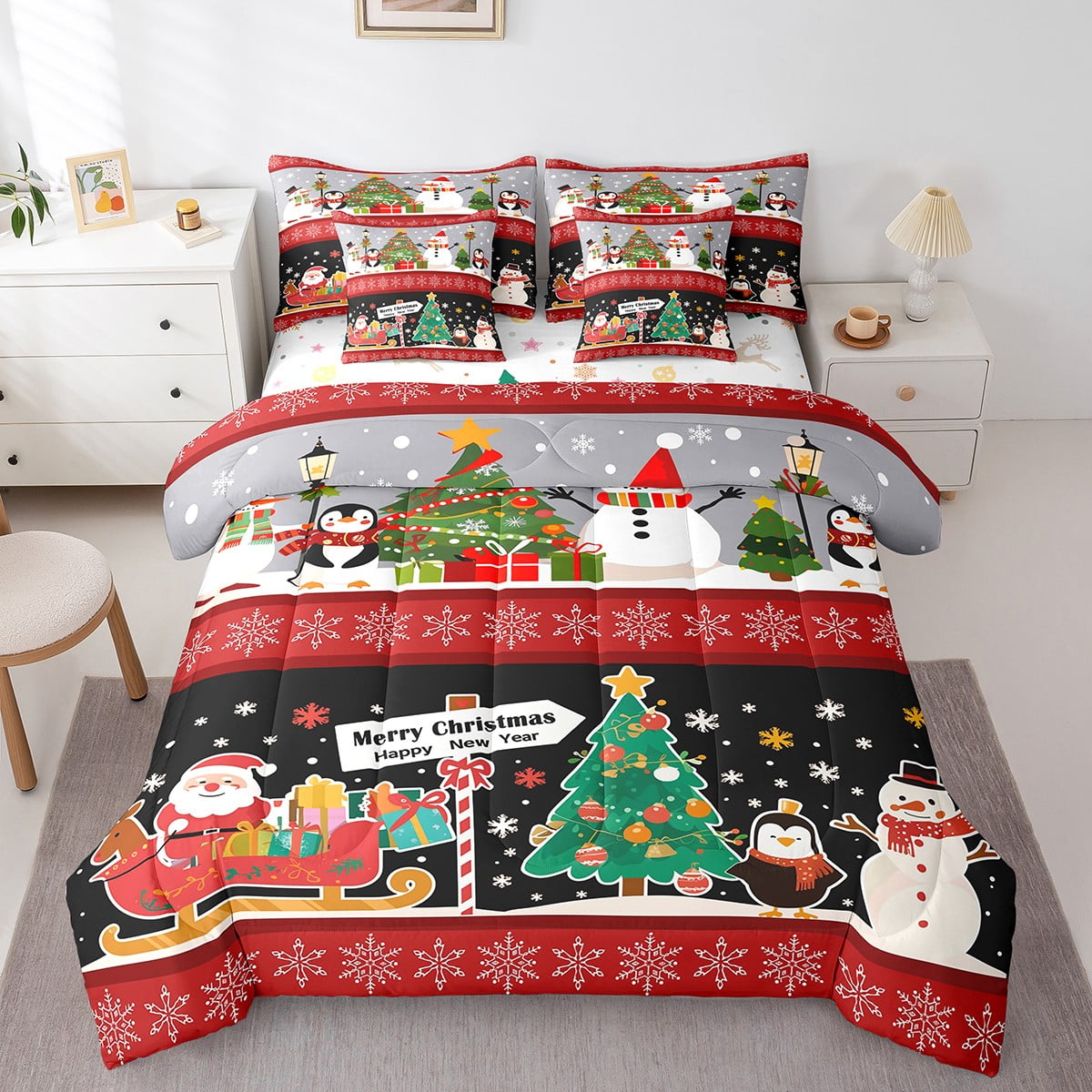 Christmas Tree Decor Comforter 7 Pieces Cartoon Snowman Sheet Set For ...