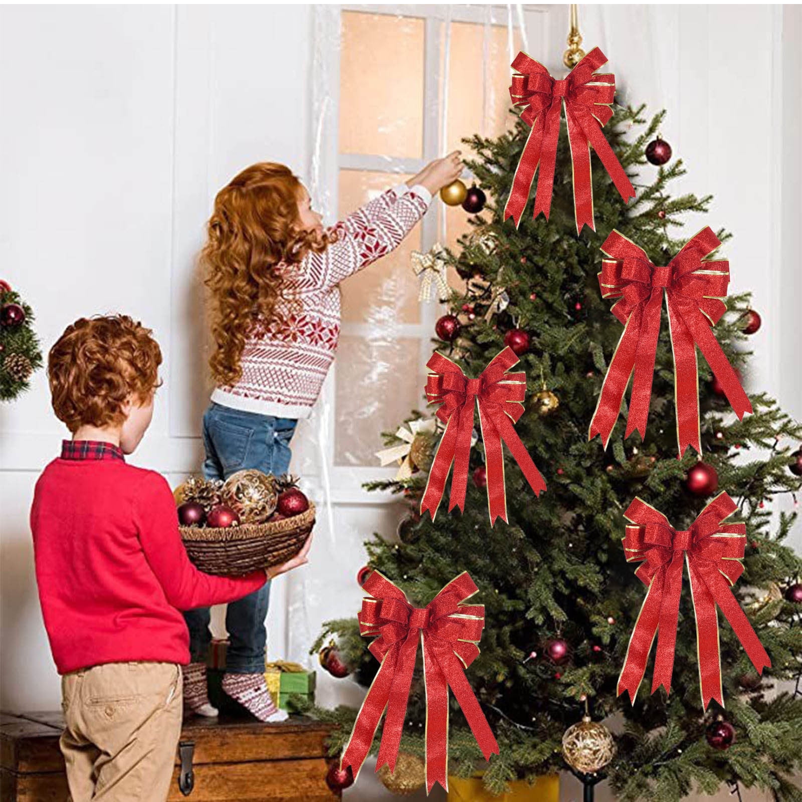 Christmas Tree Decorations Bows Pendants,Red Velvet Knot Ornaments With ...