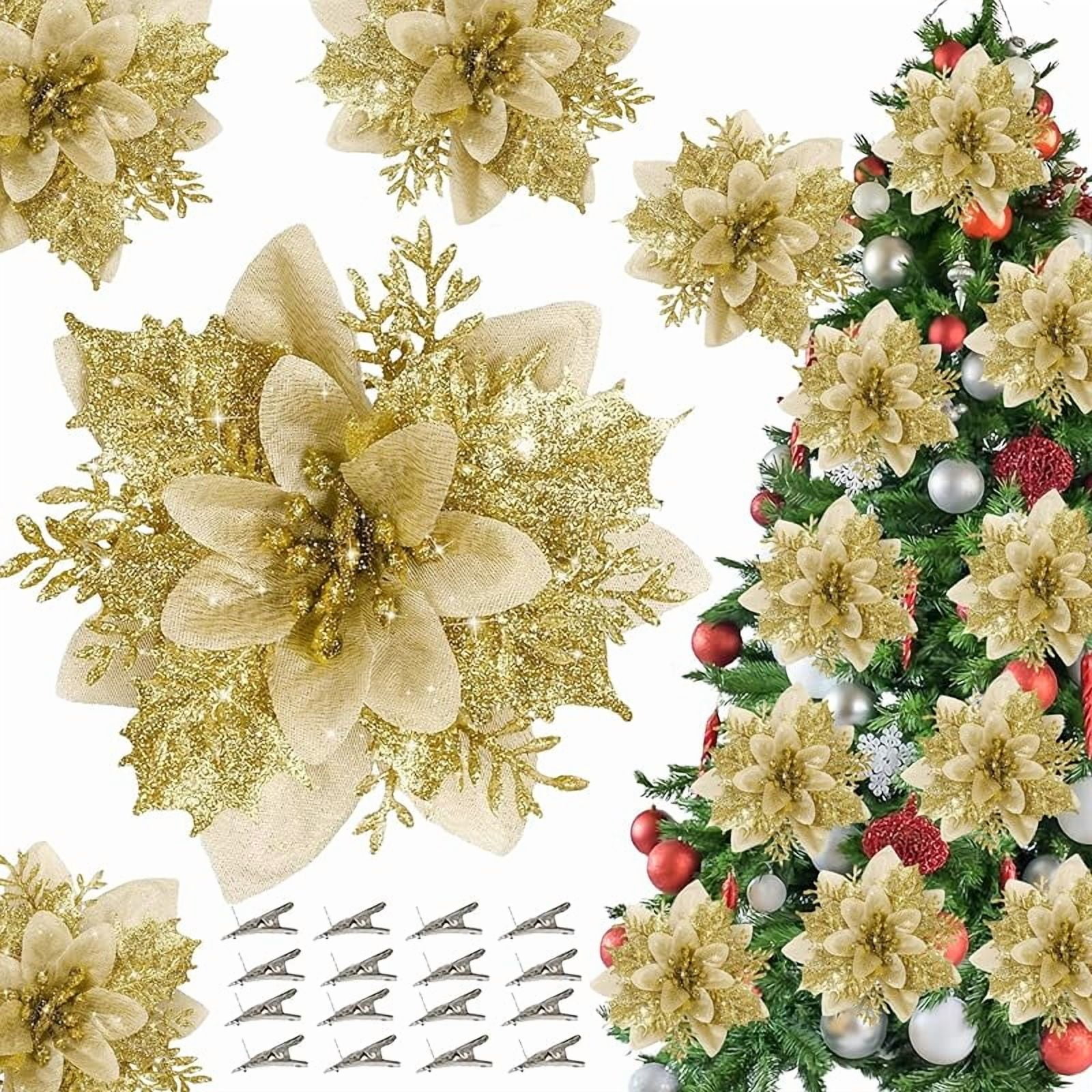 Christmas Tree Decorations,Poinsettias Glitter Artificial Christmas ...