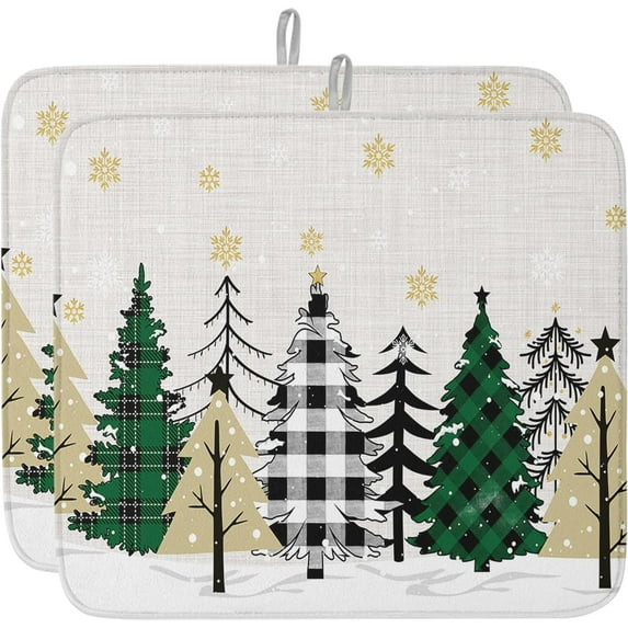 Christmas Tree Dish Drying Mat for Kitchen Counter Buffalo Plaid Xmas ...