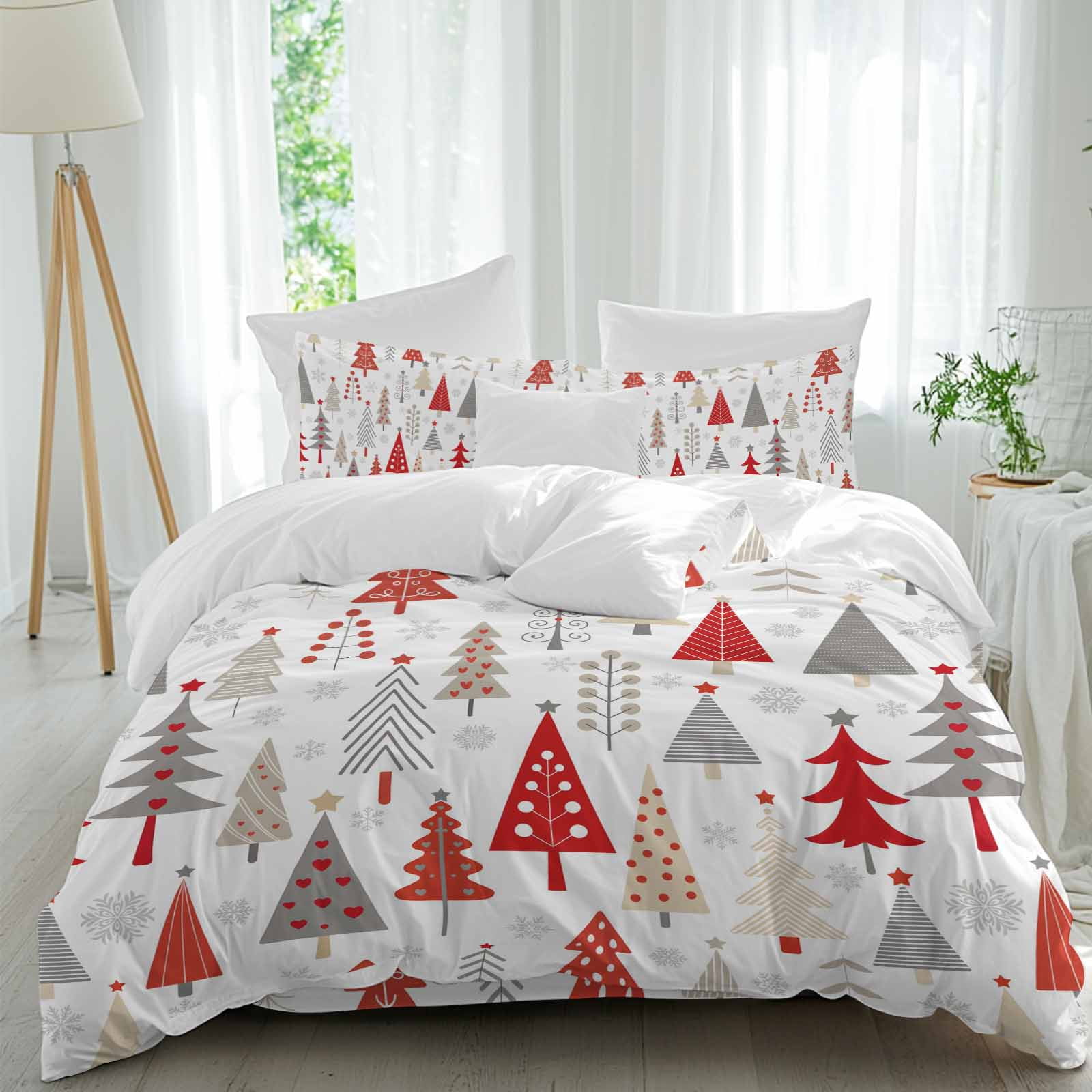 Christmas Tree Duvet Cover Set Queen Size, Snowflake Winter Red Classic ...